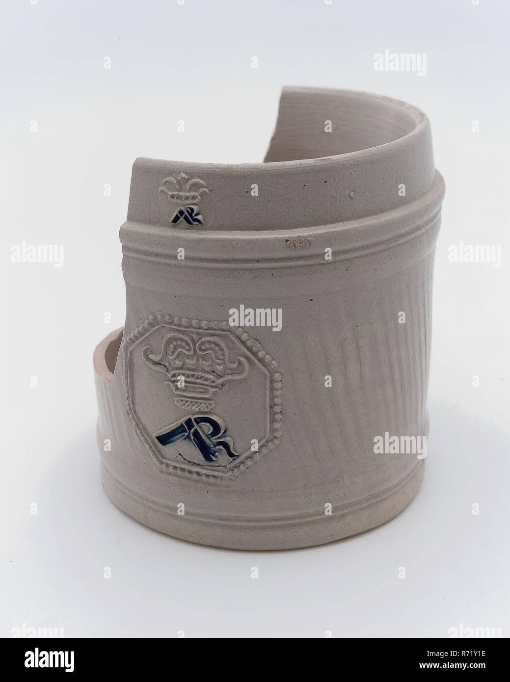 Stoneware mug with ear, cylindrical, appliqué with monogram AR, jug cup ...