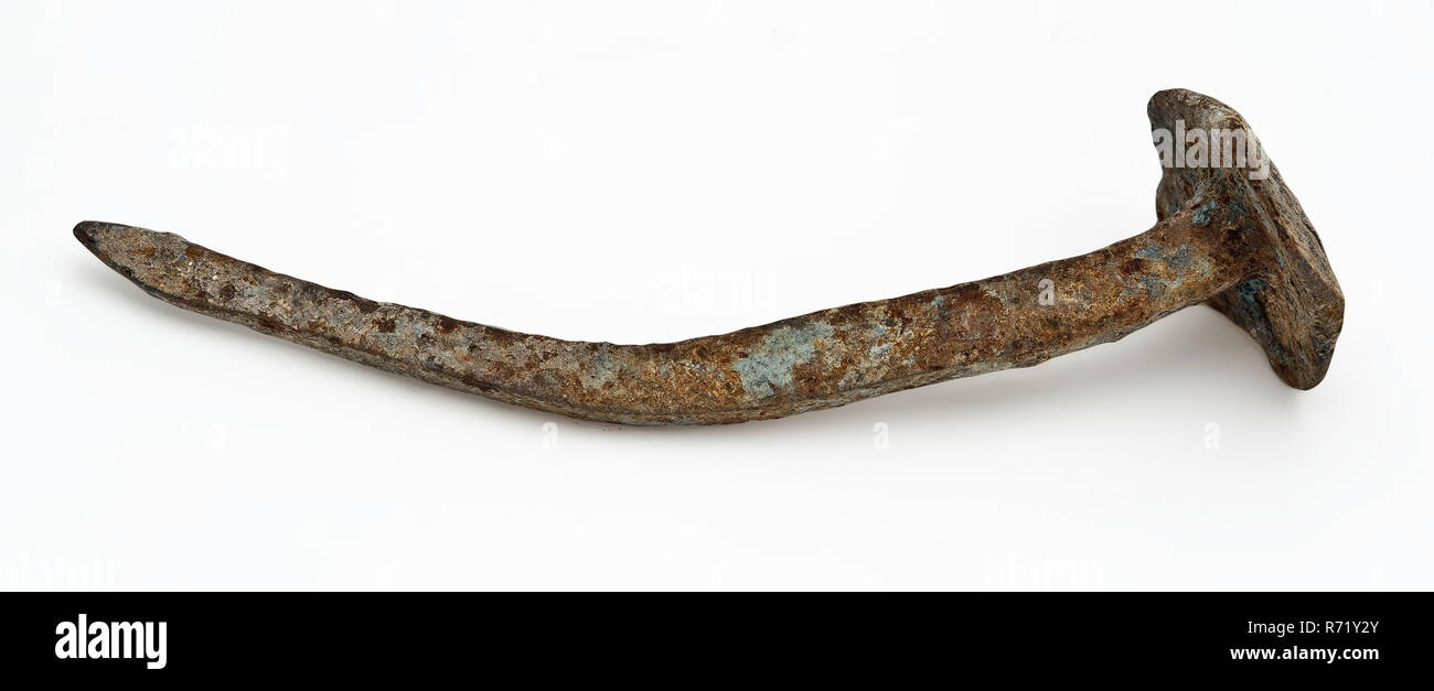 Square nail with uneven head, wrought iron, nail fastener part soil ...