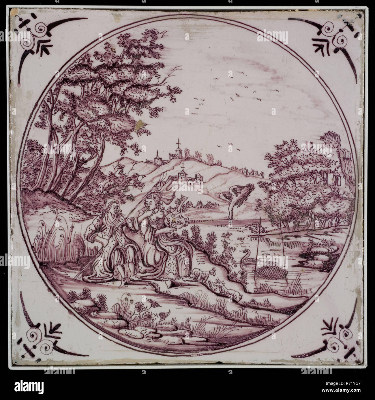 Plaque, man and woman at waterfront, corner motif ox's head, plaque ...