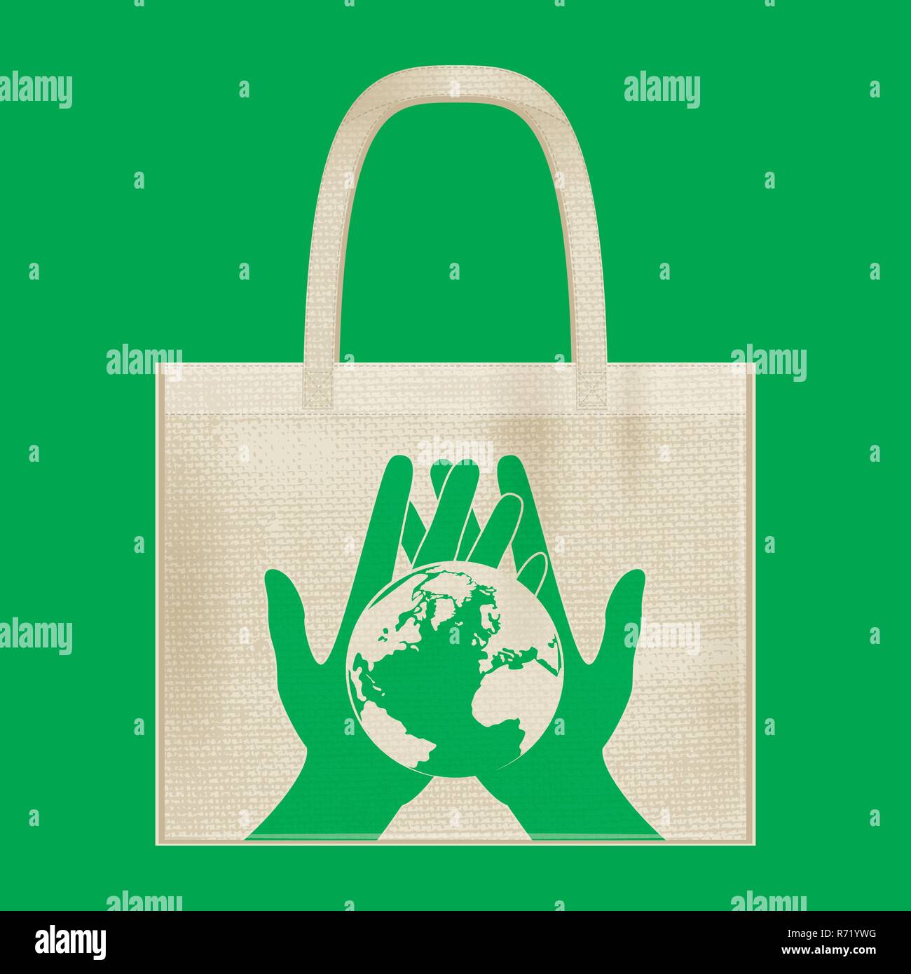 Canvas cotton textiles eco bag. Hands carefully hold the Earth. Natural ...