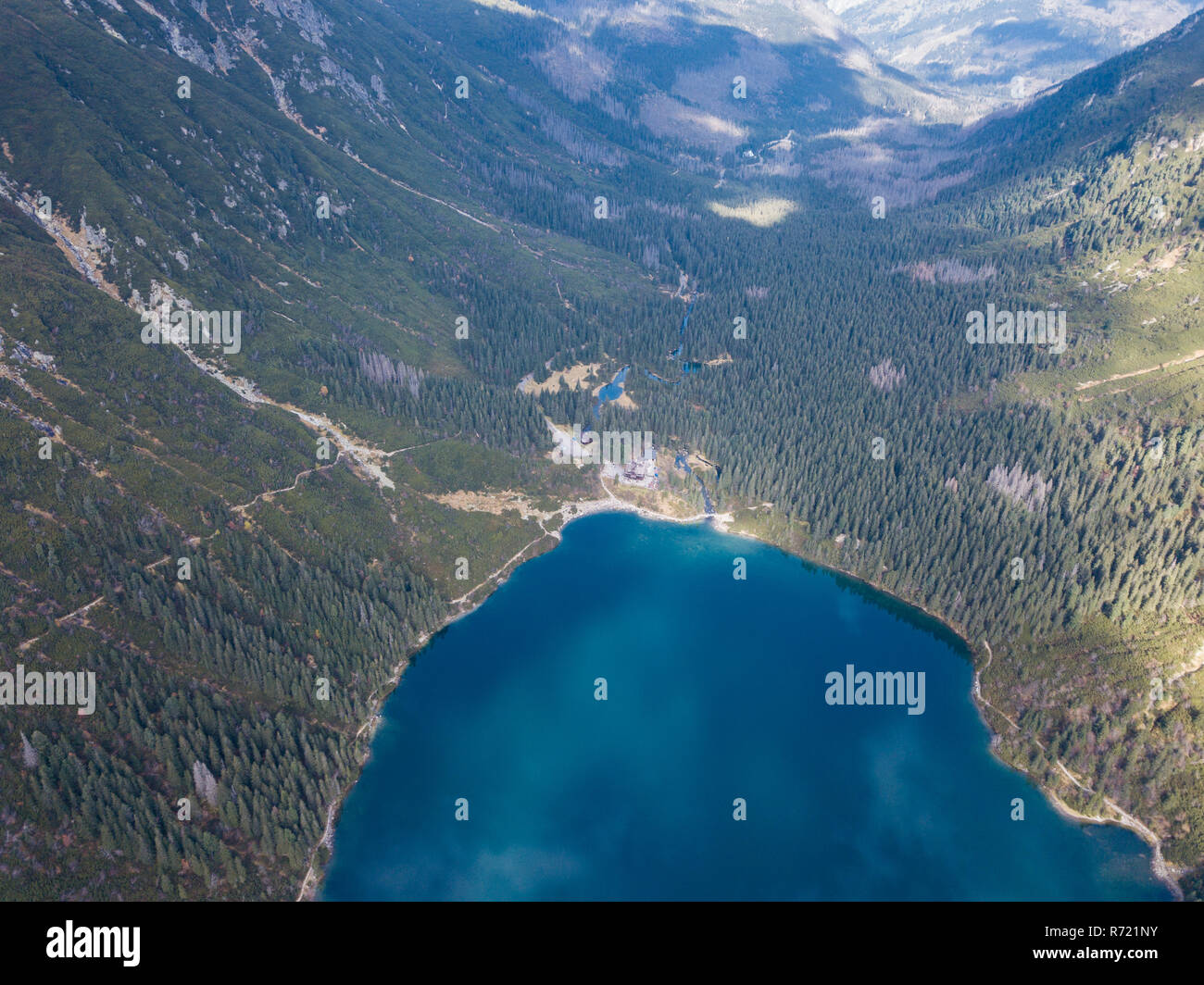 Famous polish landscape - spectacular aerial view to mountain lake ...