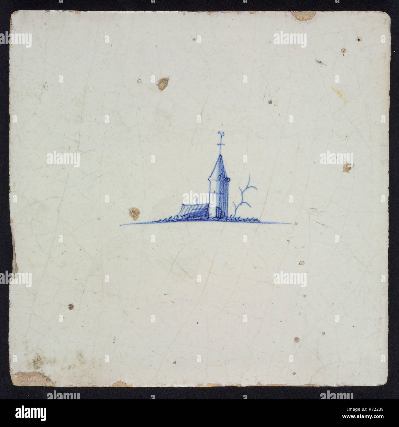 Landscape tile, church building, blue decor on white ground, no corner ...