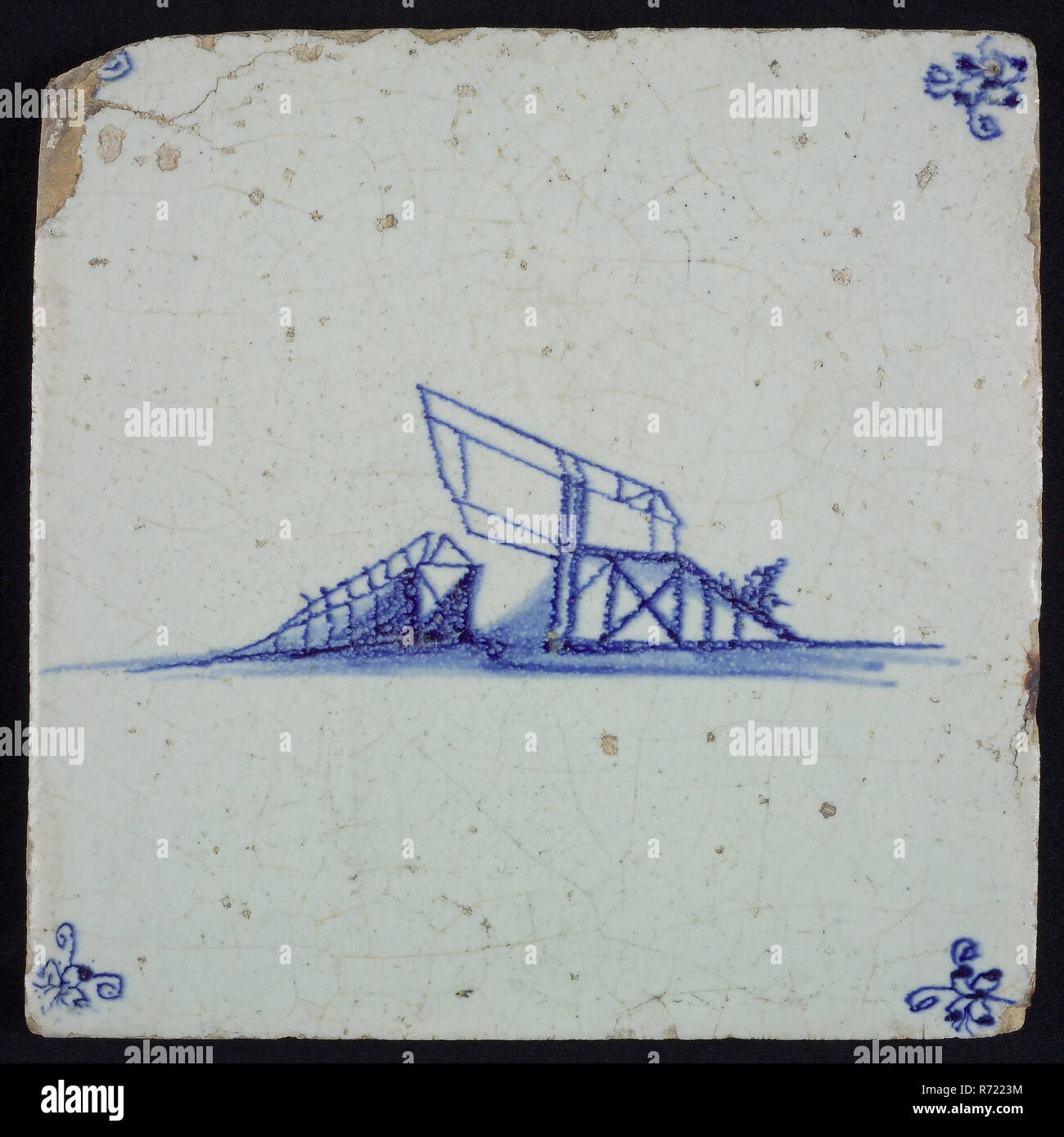 Scene tile, landscape with drawbridge, blue decor on white ground ...