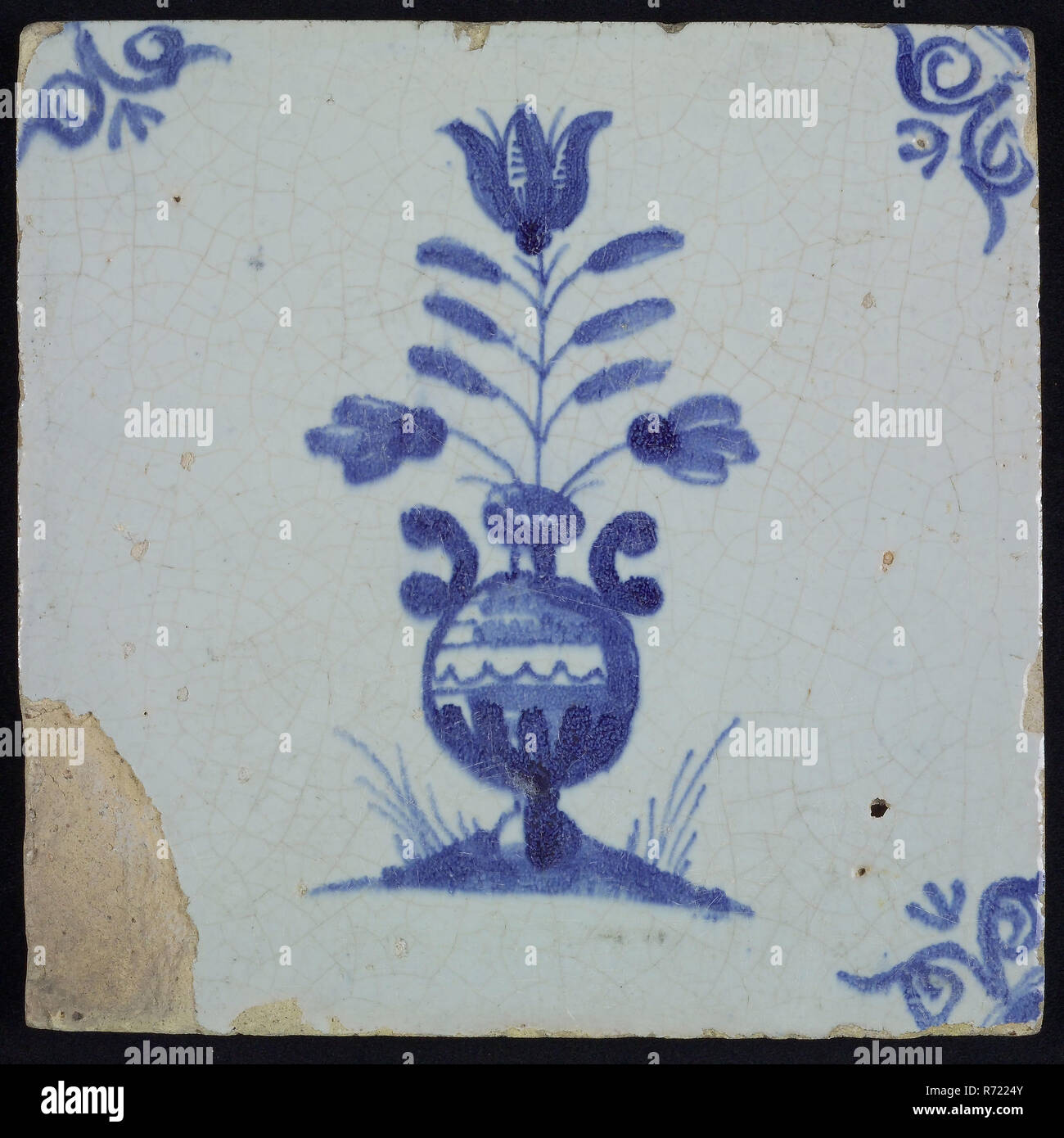 Tile, flower pot on piece of ground, blue decor on white ground, corner ...