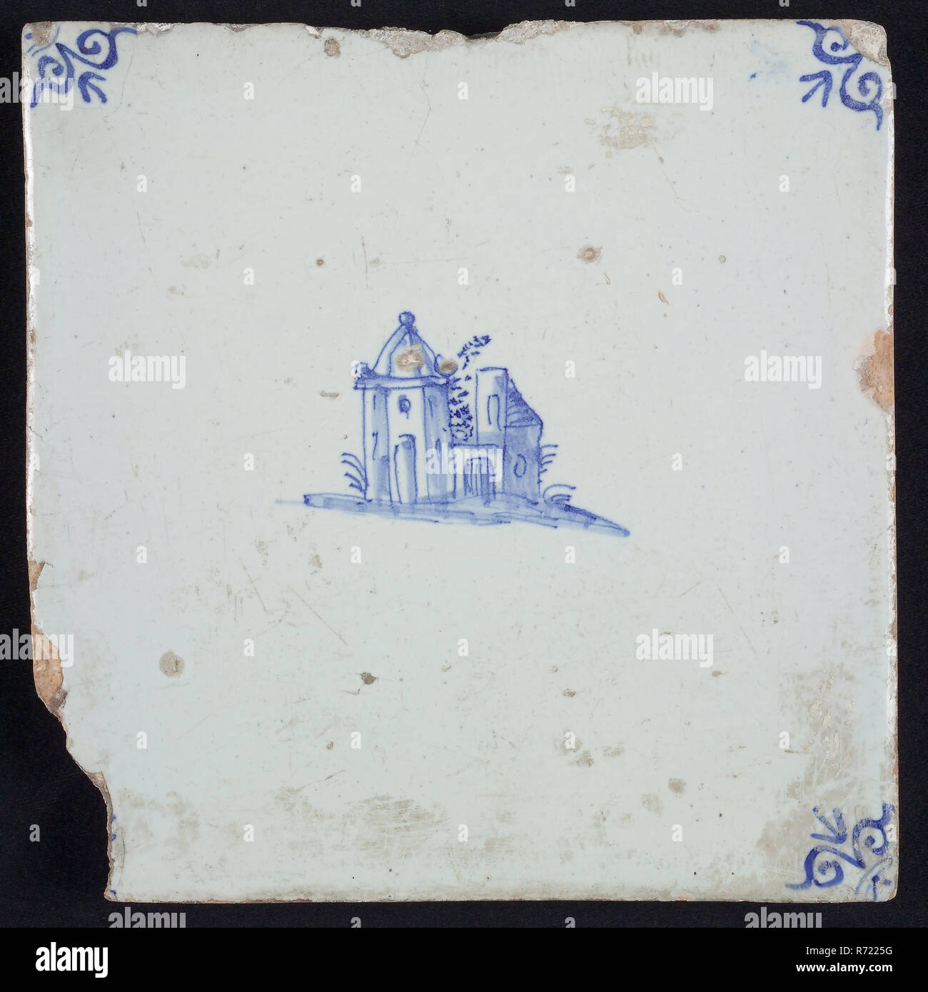 Scene tile, landscape tile with building, blue decor on white ground ...