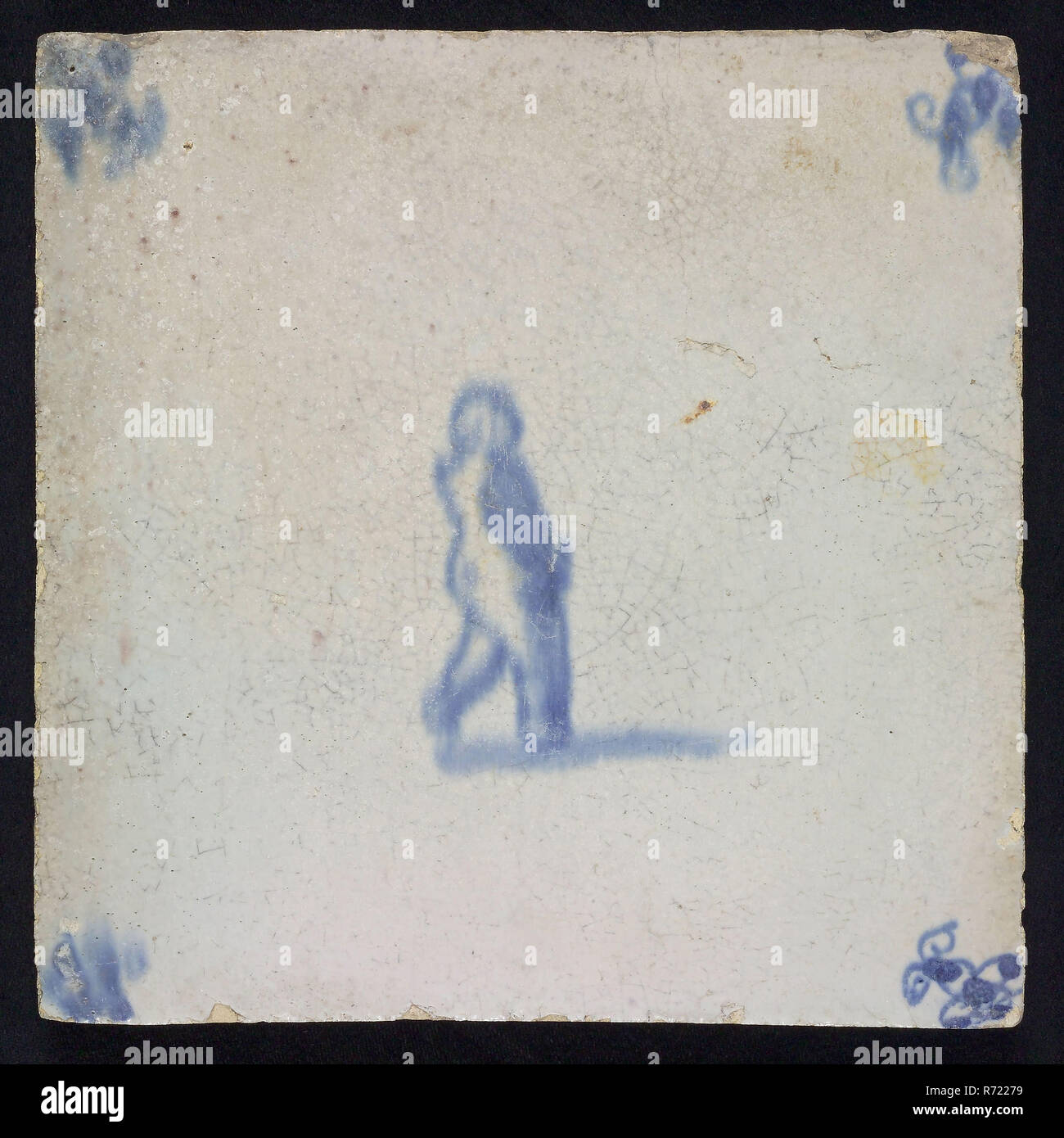 Figure tile, running figure, blue decor on white ground, corner fill ...