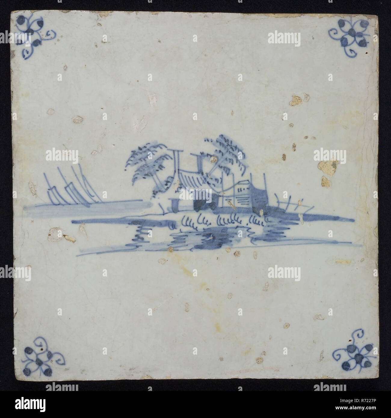 Scene tile, landscape tile with farmhouse, blue decor on white ground ...