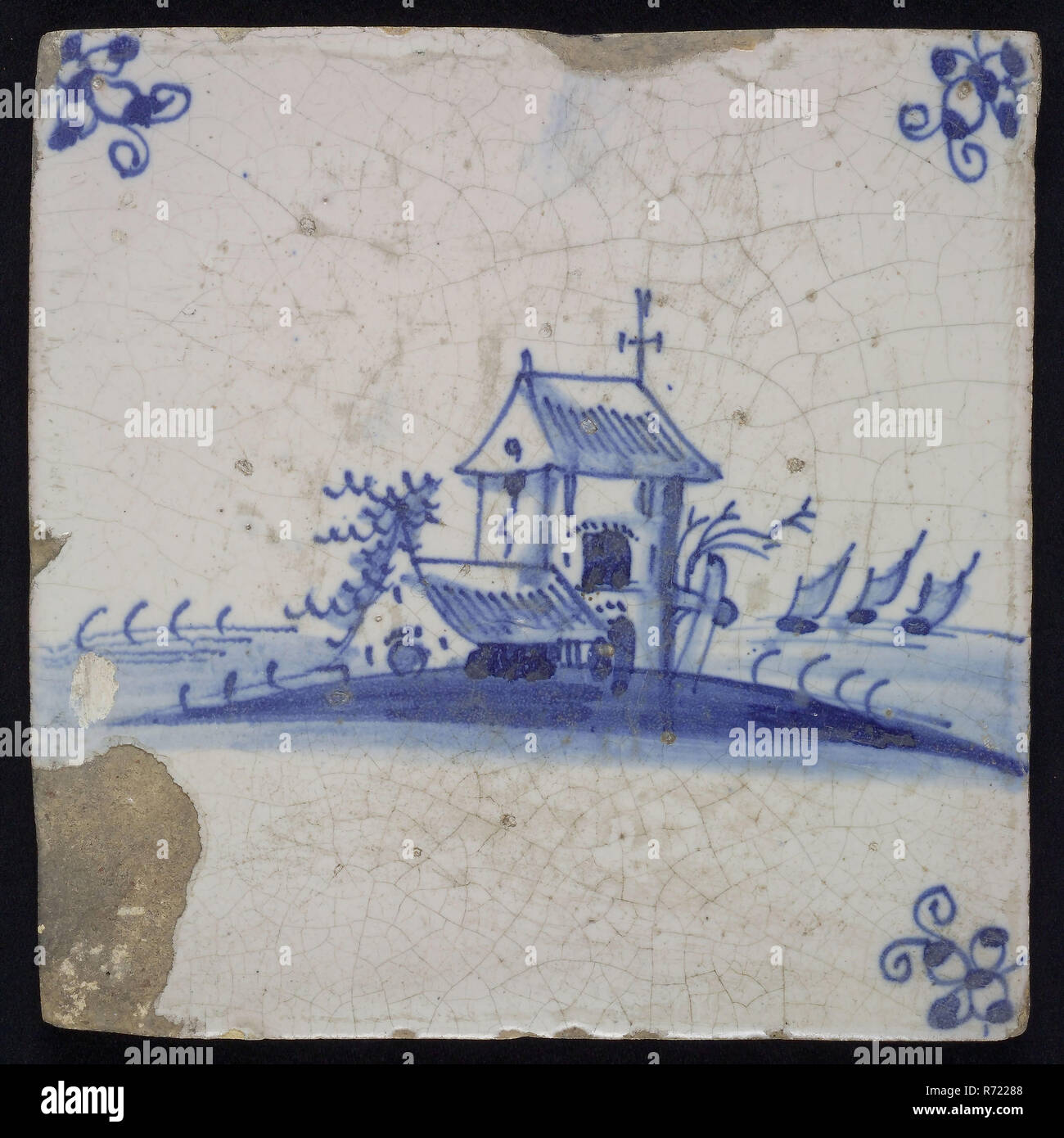 Scene tile, landscape tile with house or chapel, blue decor on white ...