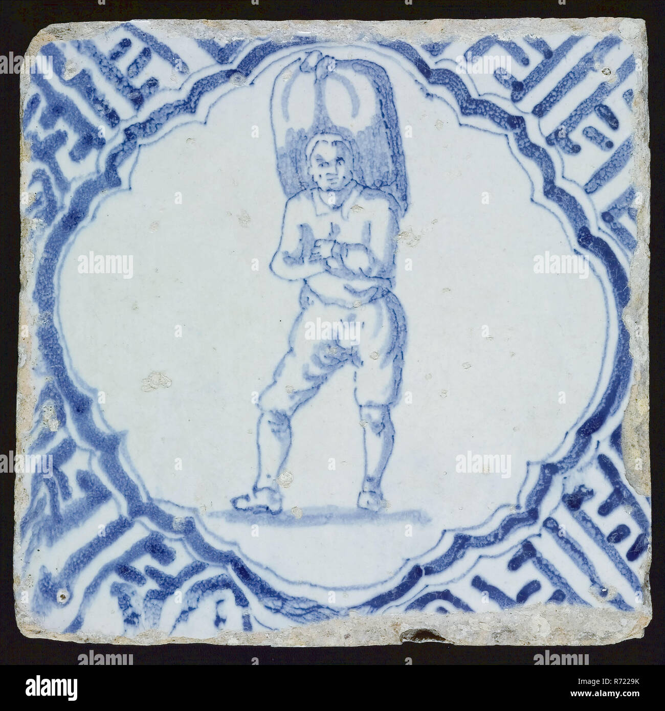 Figure tile with bag carrier, corner motif Wanli, wall tile tile ...