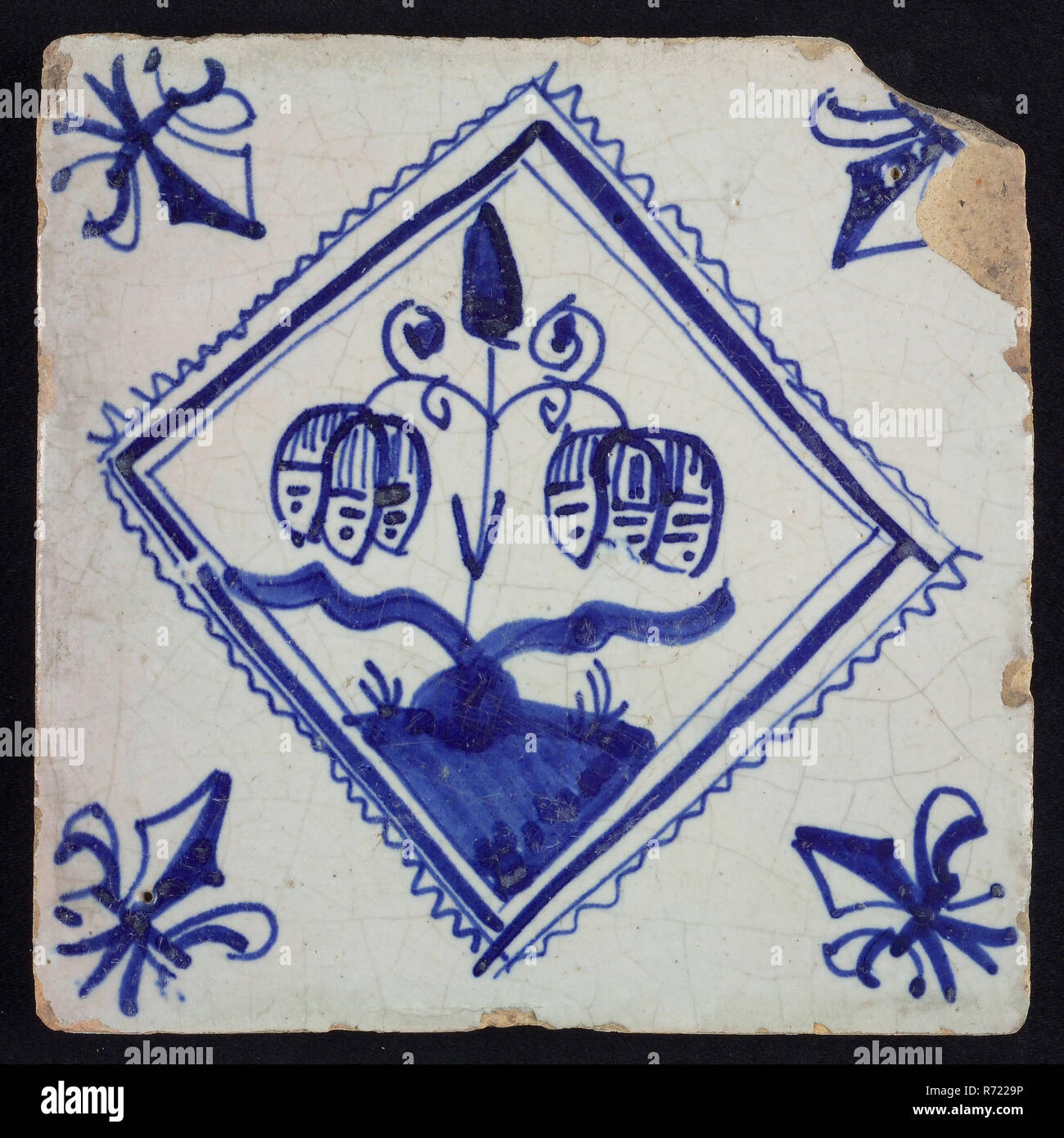 Flower tiling with three-tier in serrated square, blue decor on white ...