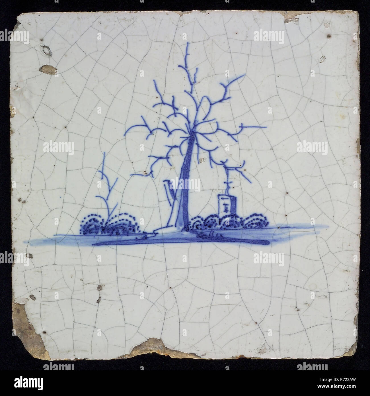 PW, Scene tile, landscape with leafless tree, blue decor on white ...