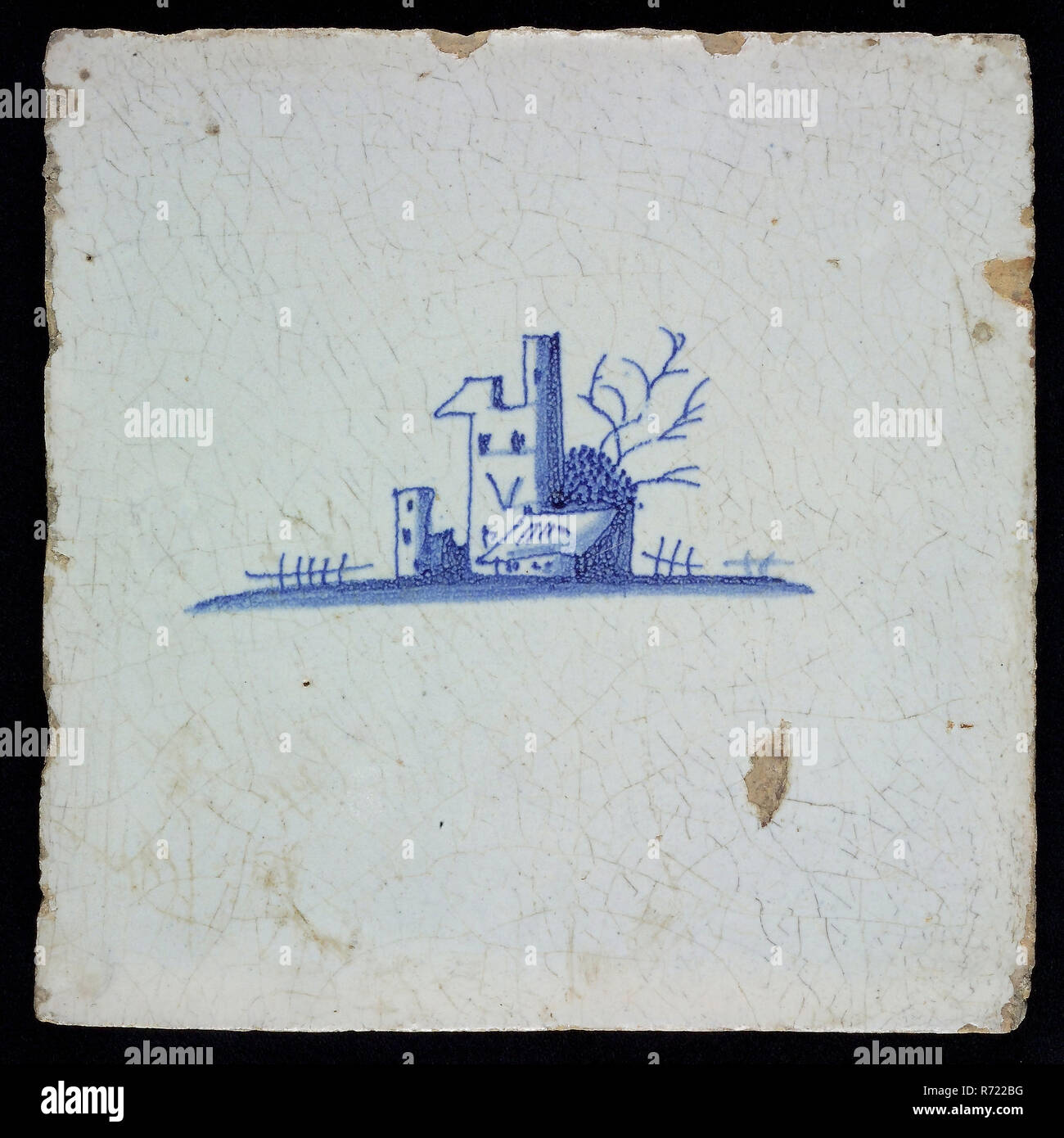 Scene tile, landscape with ruin, blue decor on white ground, no corner ...