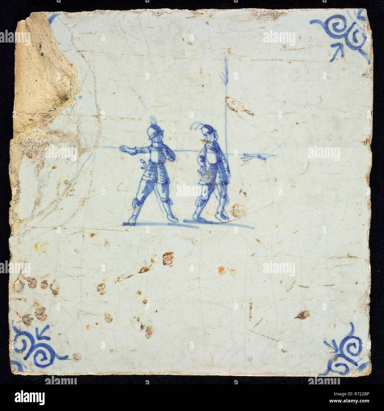 AA, Figure tile, two lancers, soldiers, blue decor on white ground ...