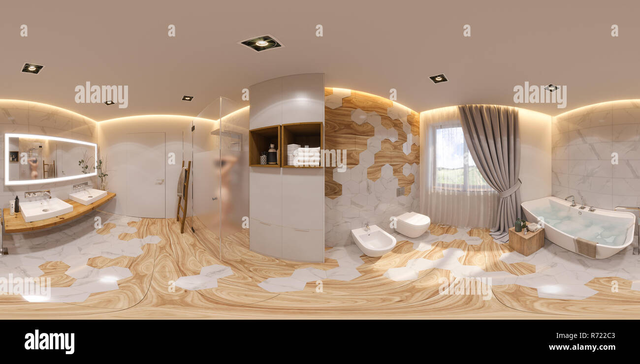 3d illustration spherical 360 degrees, seamless panorama bathroom ...