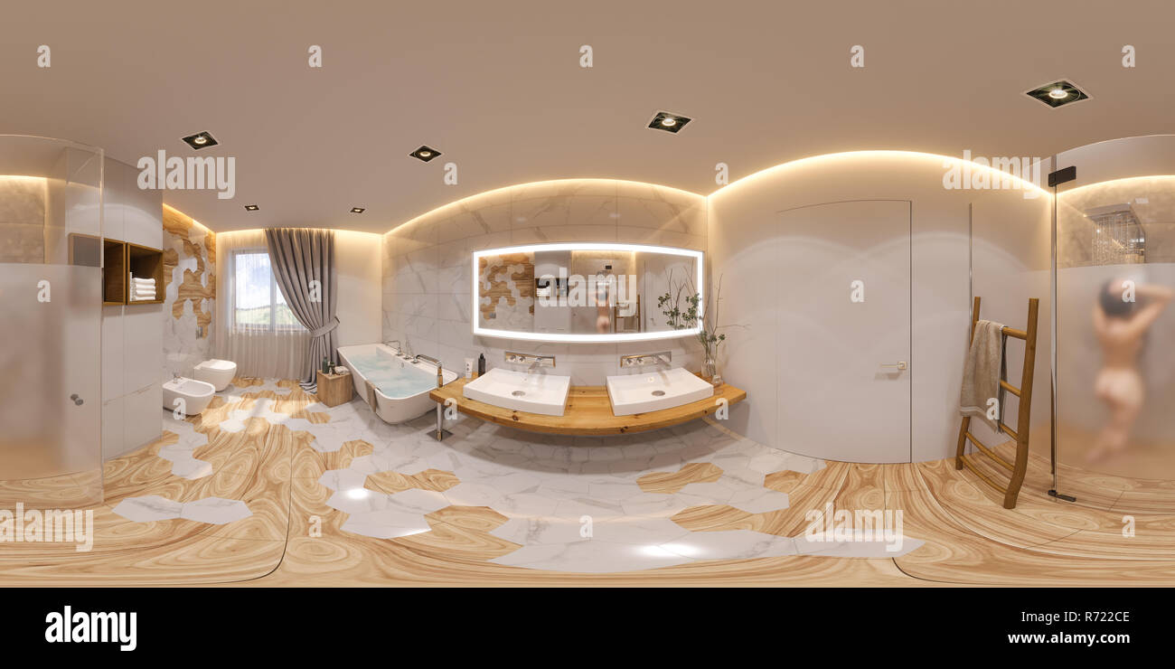 3d illustration spherical 360 degrees, seamless panorama bathroom ...