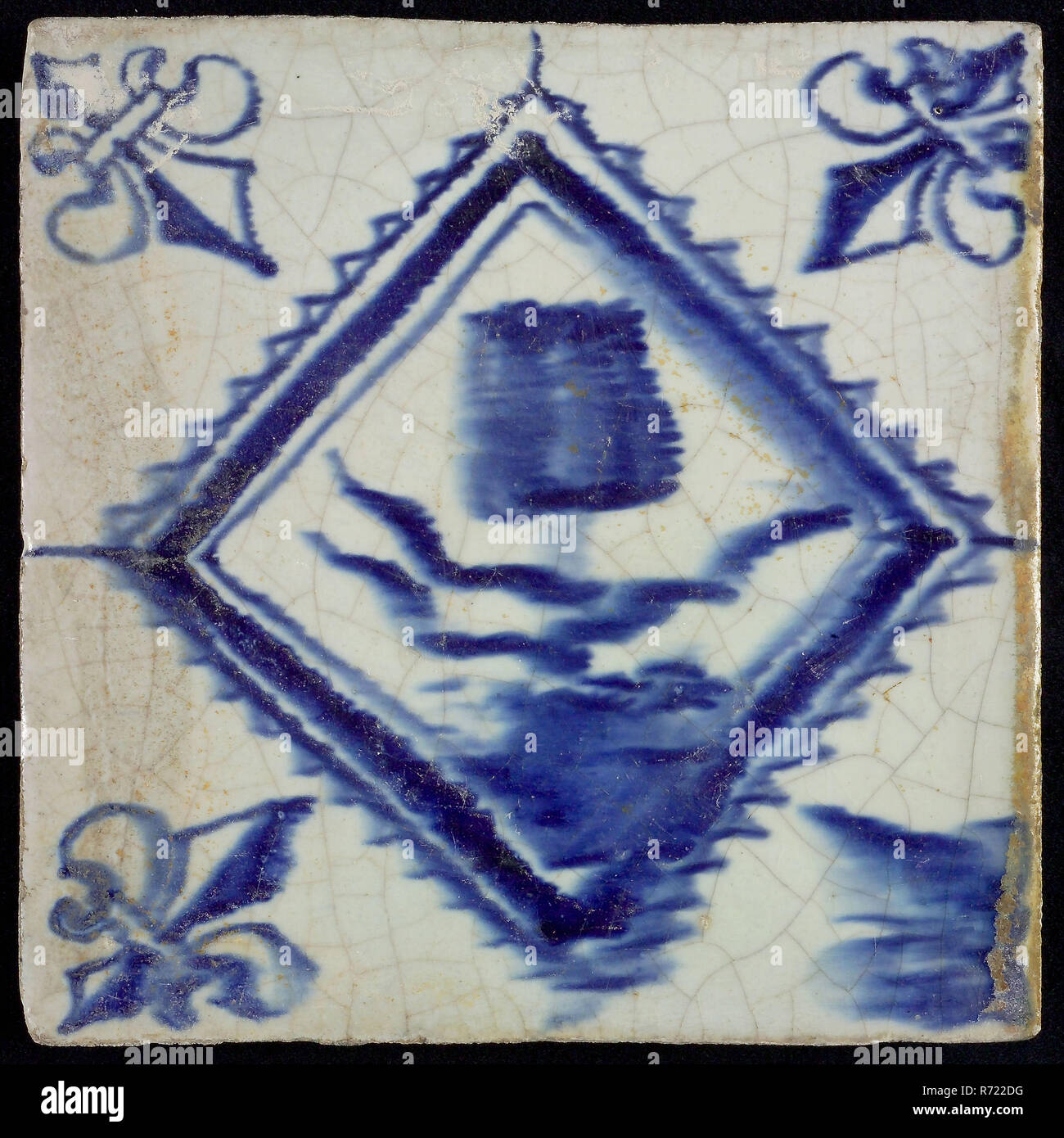 Flower tile with tulip in serrated square, blue decor on white ground ...