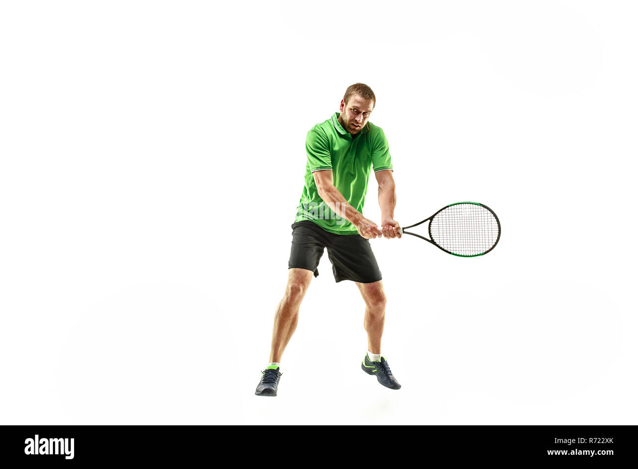 The one caucasian man playing tennis isolated on white background ...