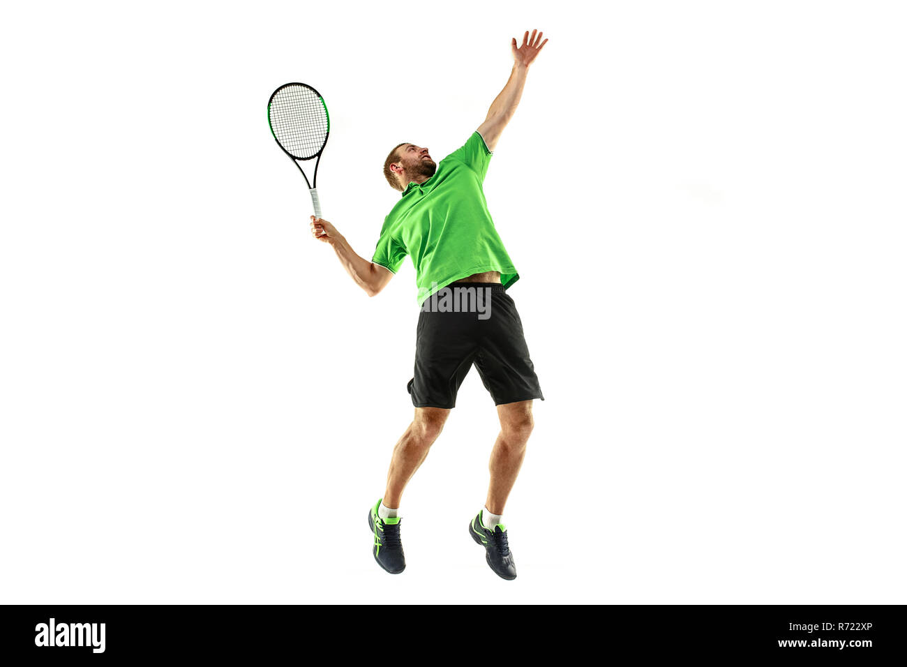 The one caucasian man playing tennis isolated on white background ...