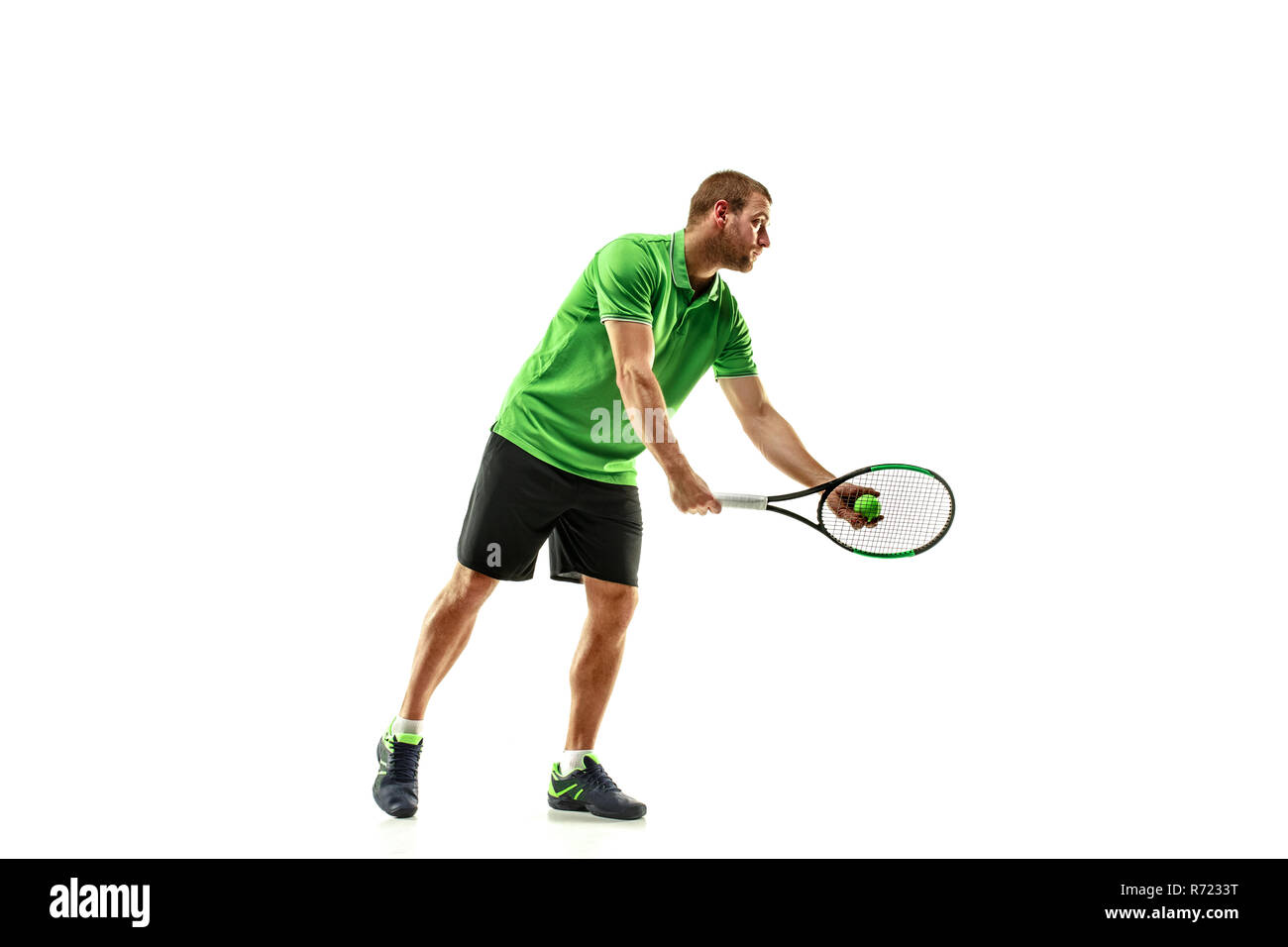 The one caucasian man playing tennis isolated on white background ...