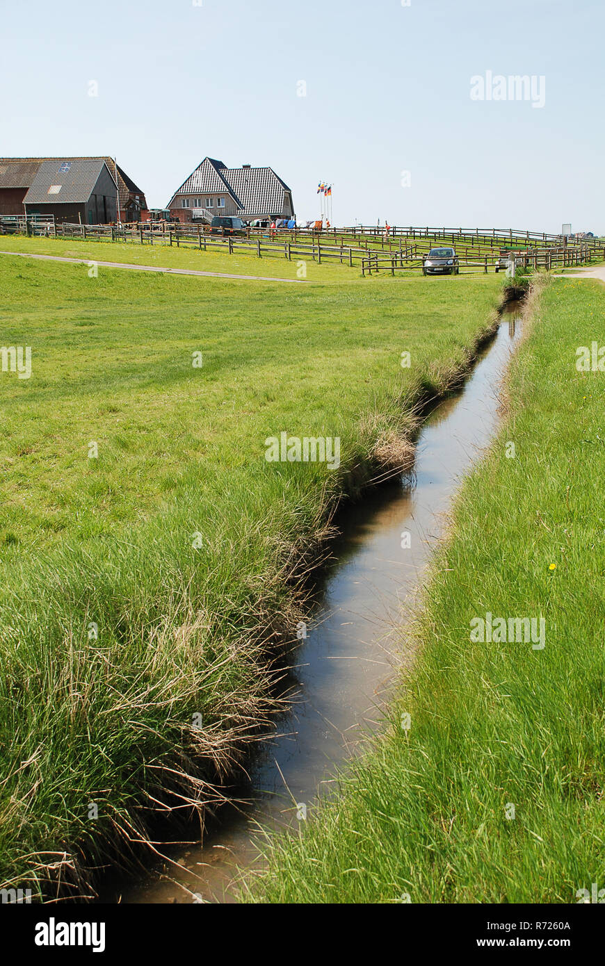 A ditch on the Hallig Hooge, Germany. The Halligen (singular Hallig ...