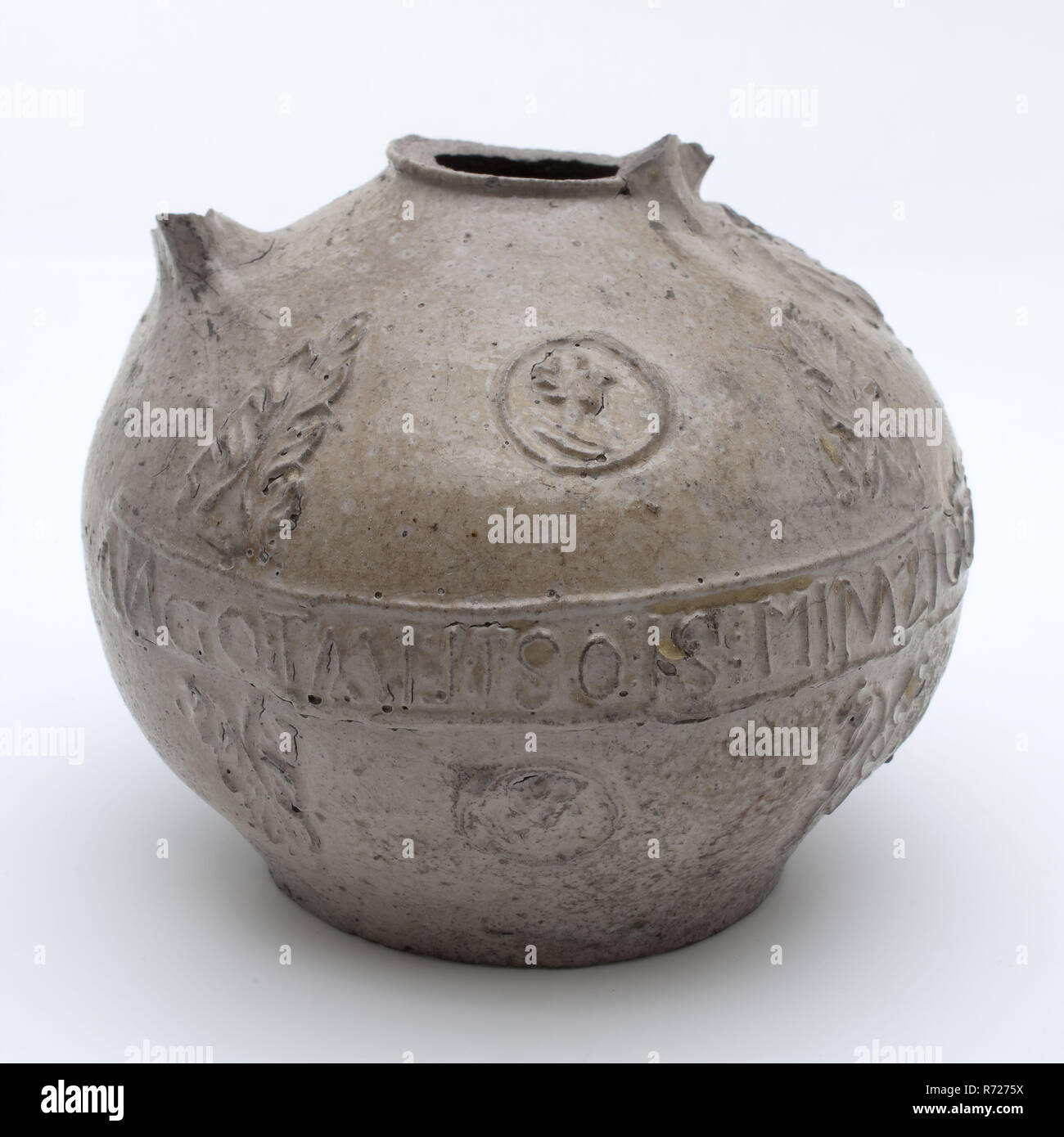 Gray Bartmann jug, also called Bellarmine jug, round middle belly text ...