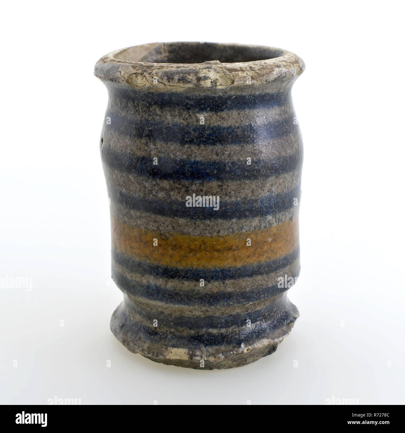 Pottery polychrome decorated ointment jar, albarello, high model ...