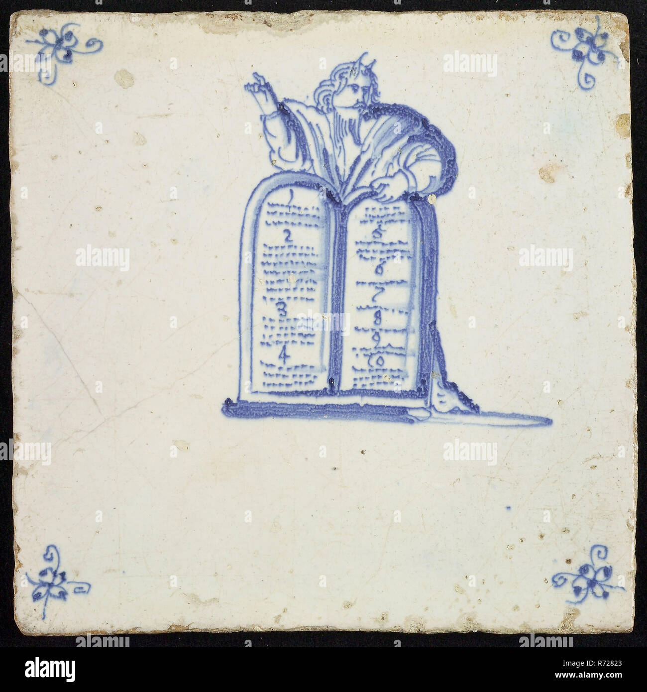 Scene tile with Moses and the ten commandments, blue on white, corner ...