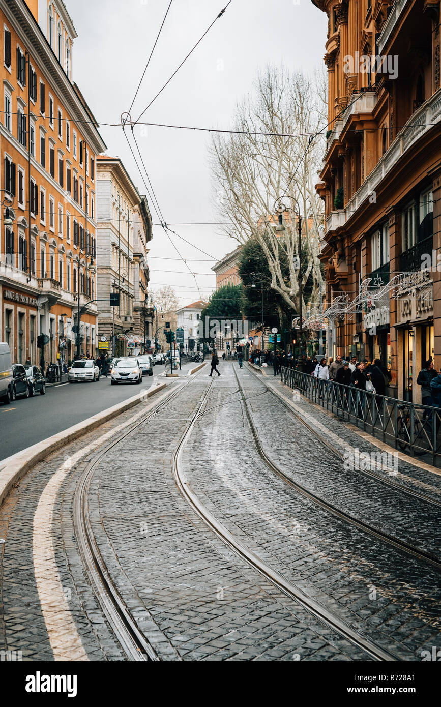 Tram tracks on Via Arenula, in Rome, Italy Stock Photo - Alamy