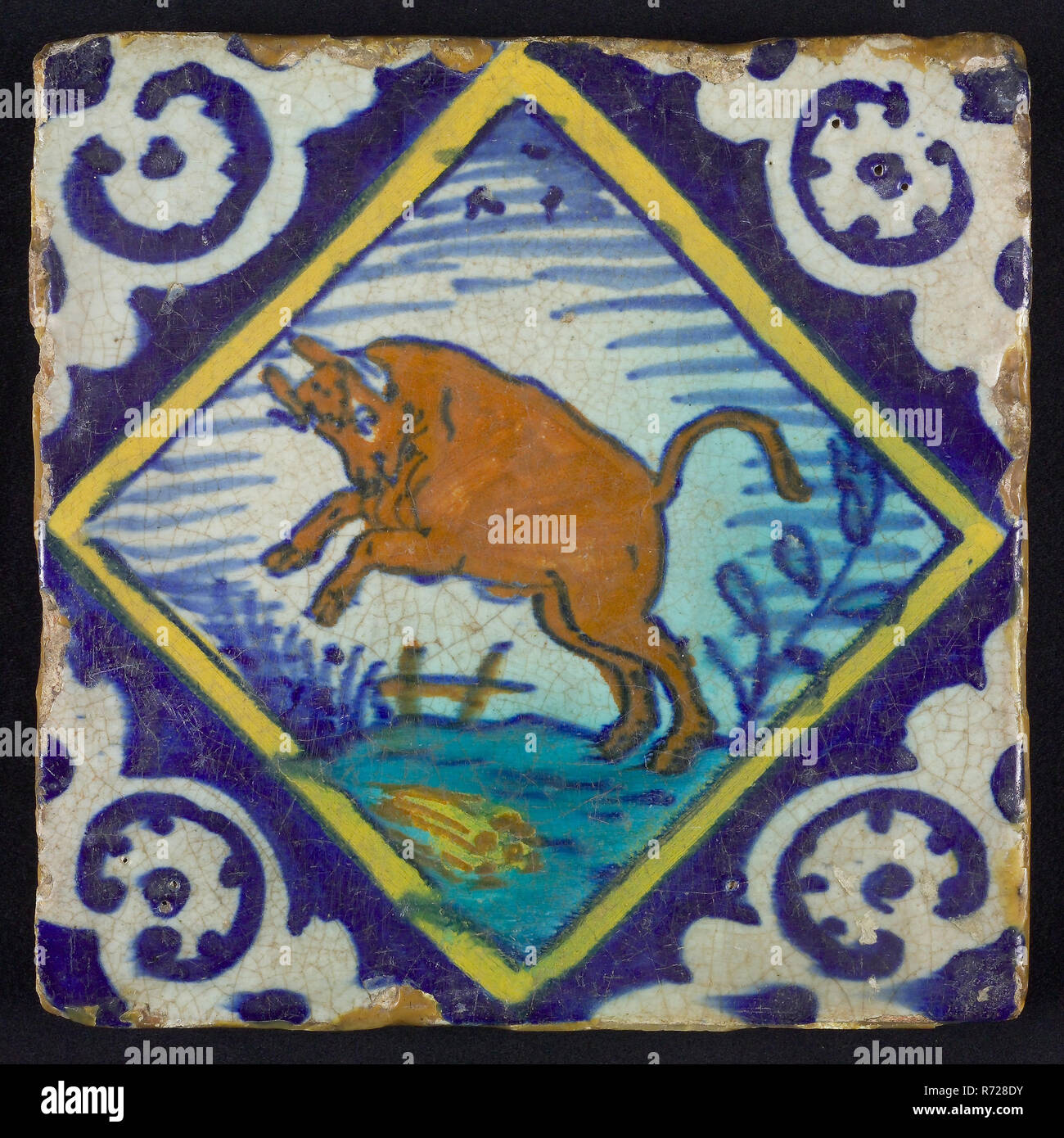 Animal tile, jumping bull on square within square with palm corner in ...