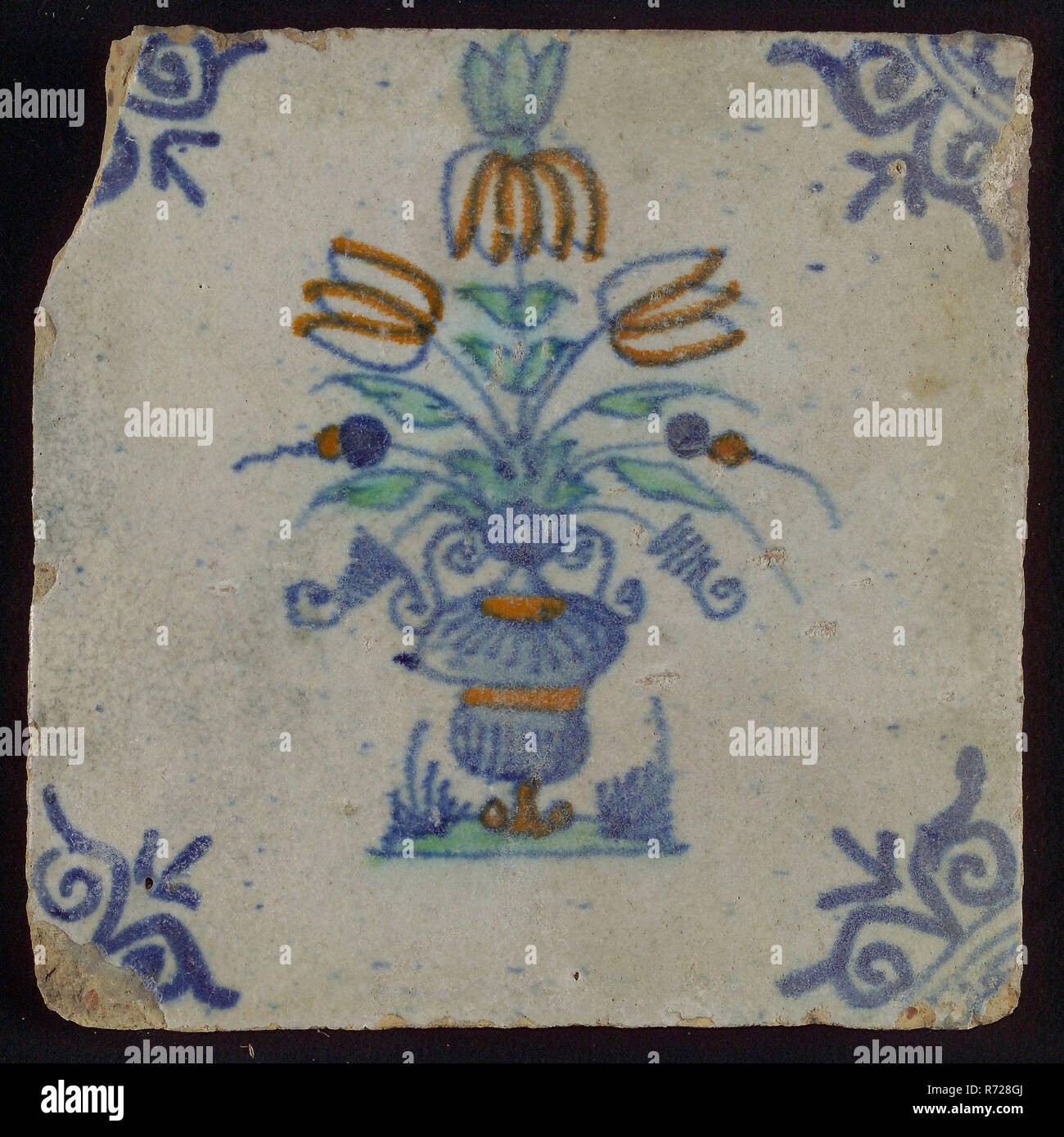 Tile, flower pot in blue, green and orange on white, corner motif oxen ...