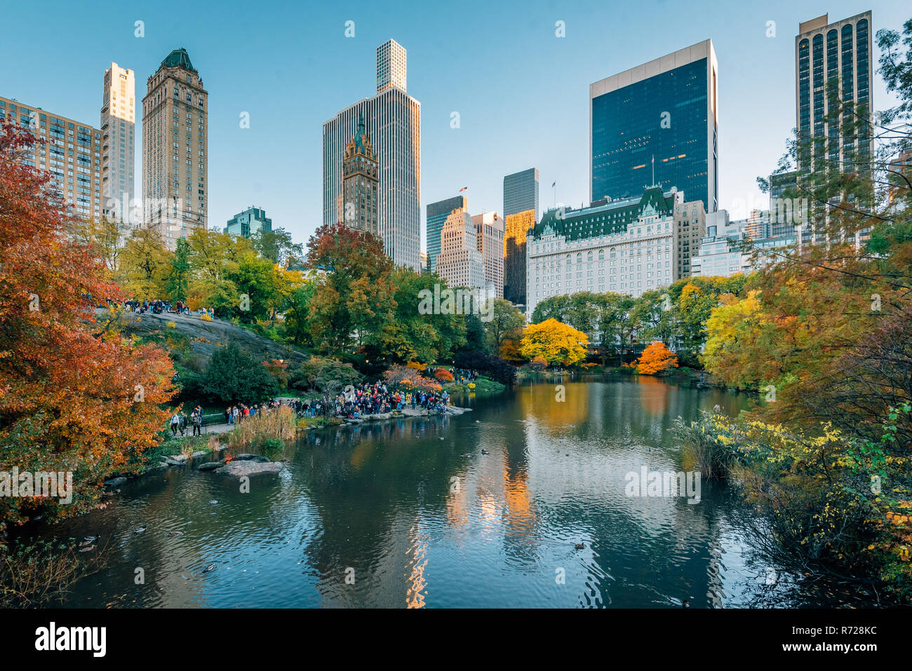 Autumn color along The Pond and buildings in Midtown Manhattan, New ...