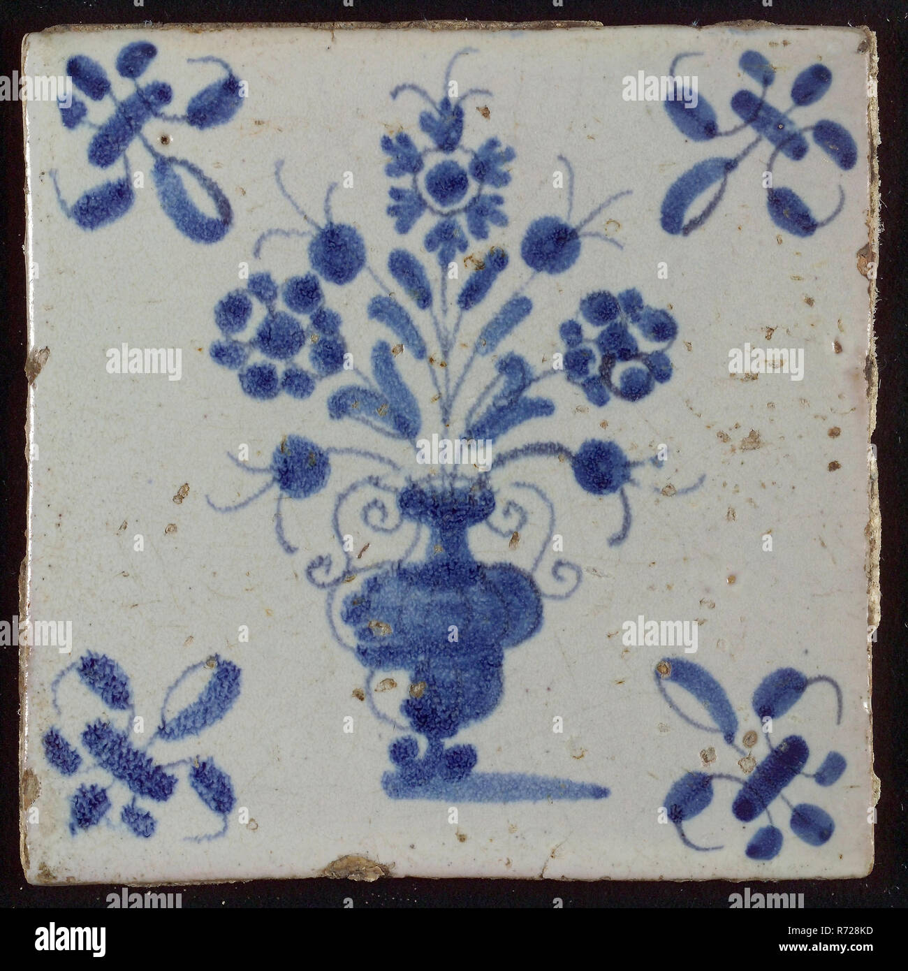 Tile, flower pot in blue on white, corner motif lily, wall tile tile ...