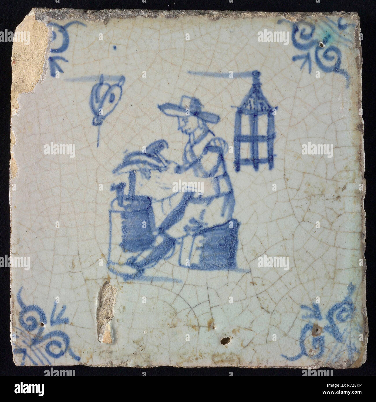 Occupation tile, blue with an anvil blacksmith, corner motif ox head ...