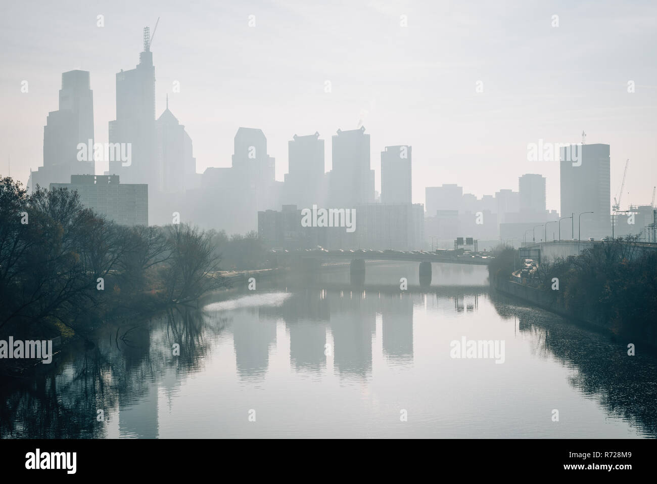 The Philadelphia skyline in fog and Schuylkill River in Philadelphia ...
