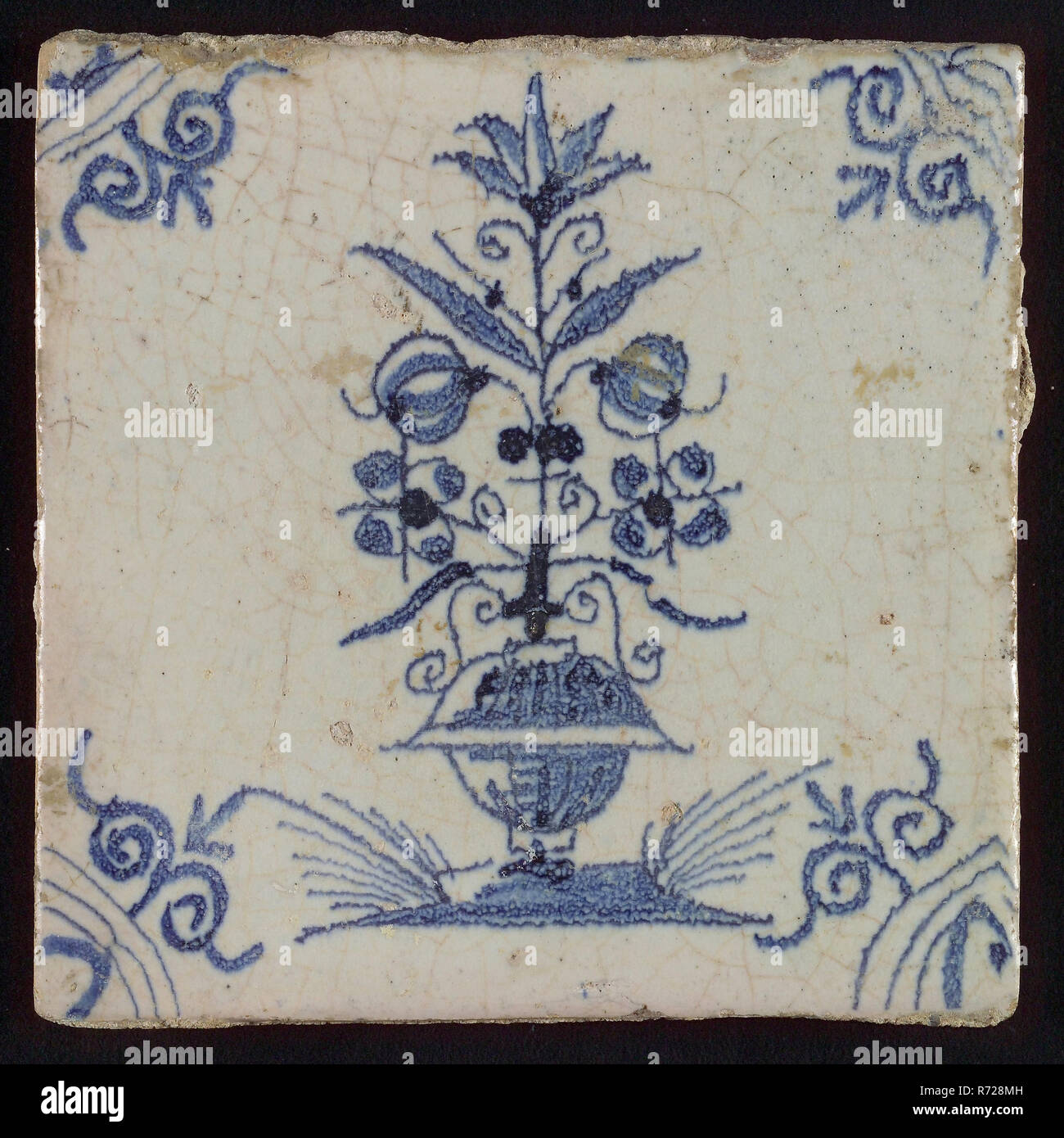 Tile, flower pot in blue on white, corner pattern ox head, wall tile ...