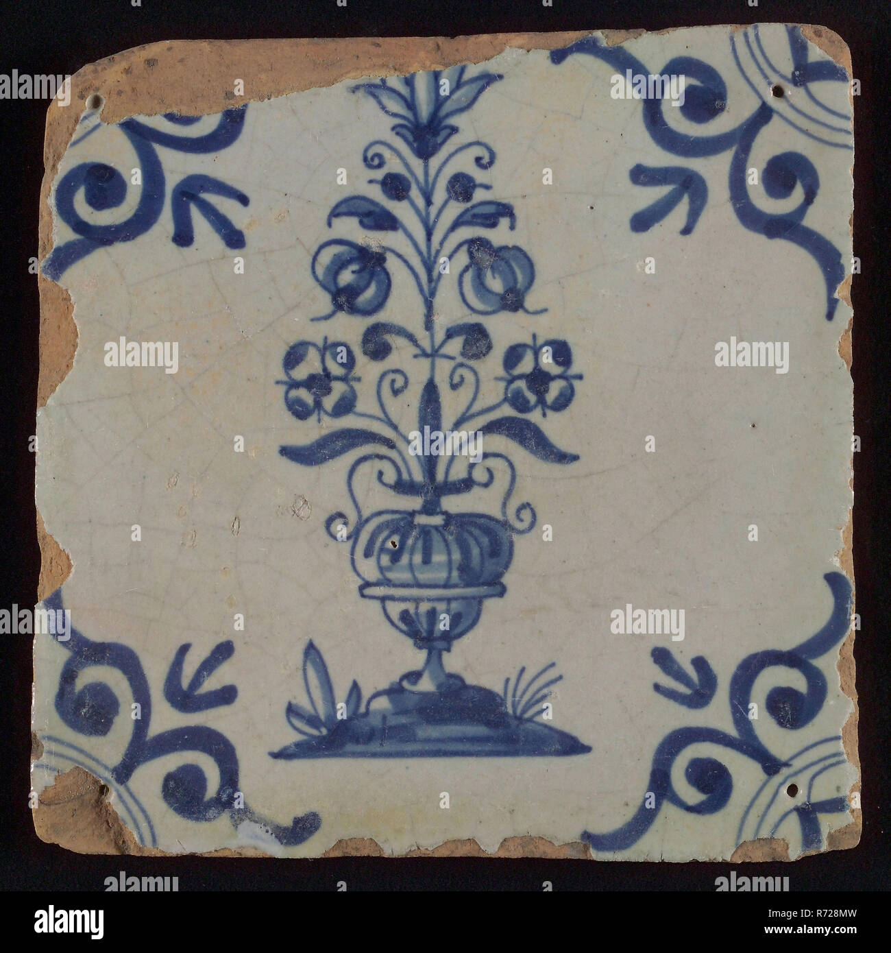 Tile, flower pot in blue on white, corner motif large ox-head, wall ...