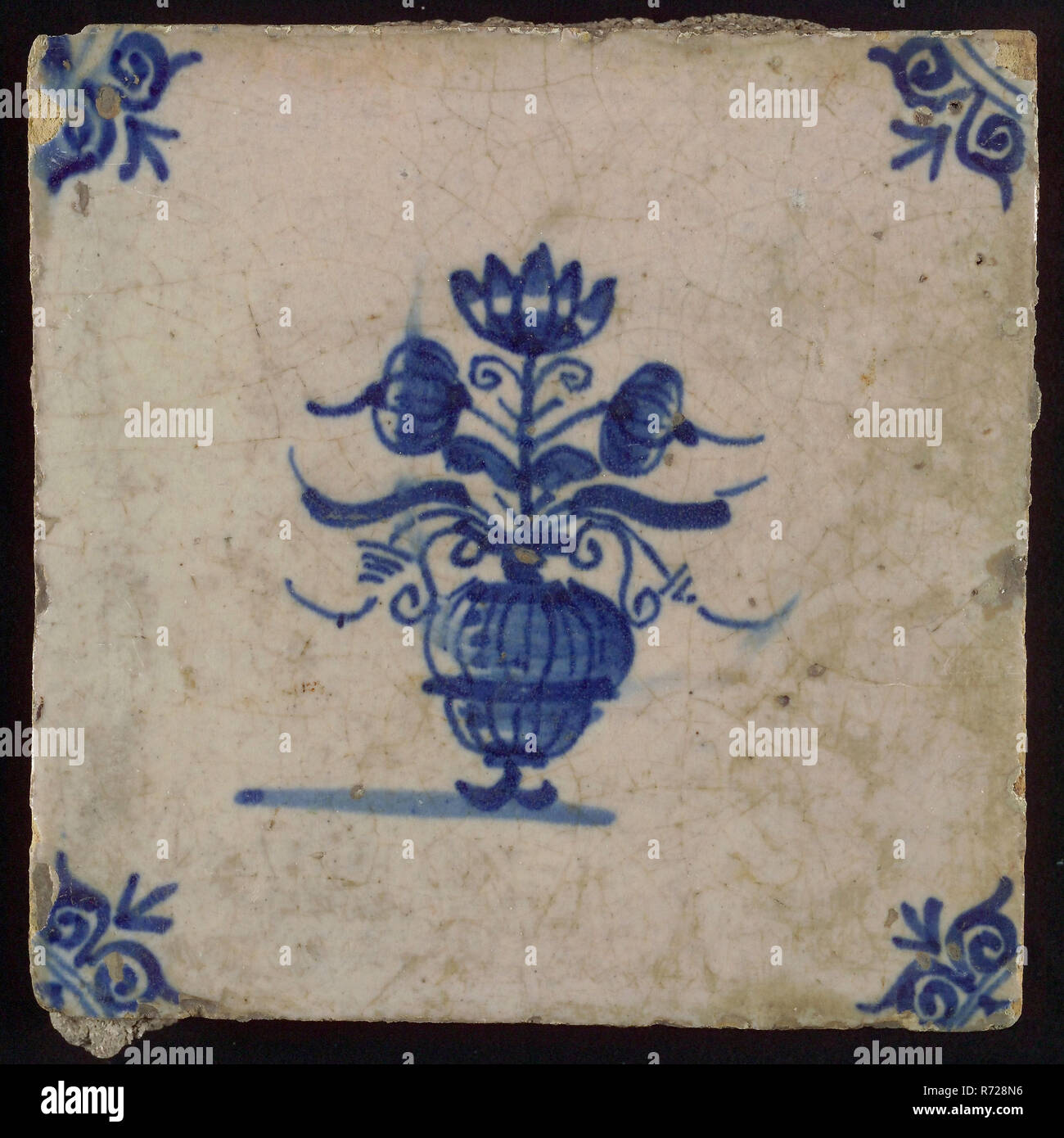 Tile, flower pot in blue on white, corner pattern ox head, wall tile ...