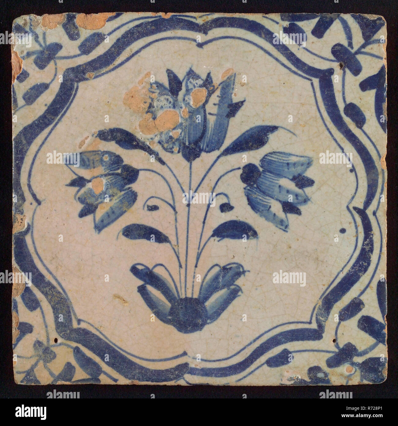 Tile, three-tier in braces in blue on white, corner motif, wing, wall ...