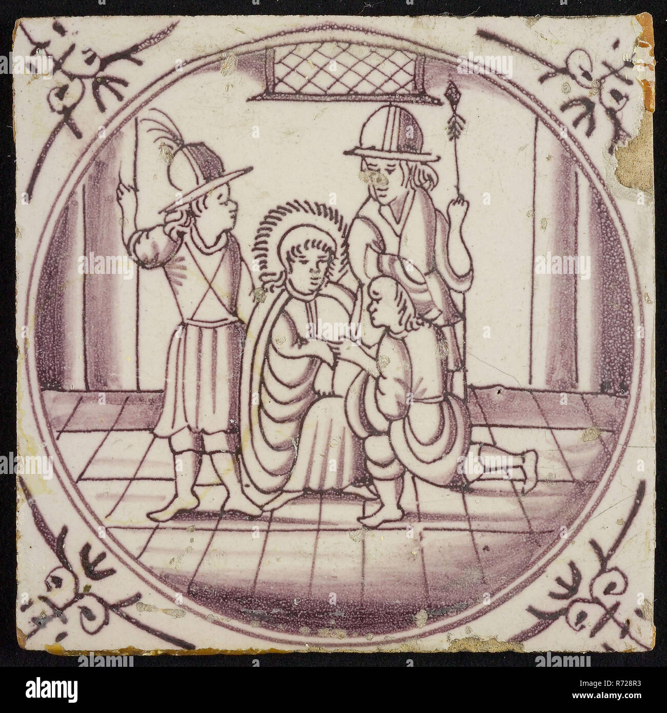 Scene line, Jesus with three figures, corner pattern ox's head, wall ...