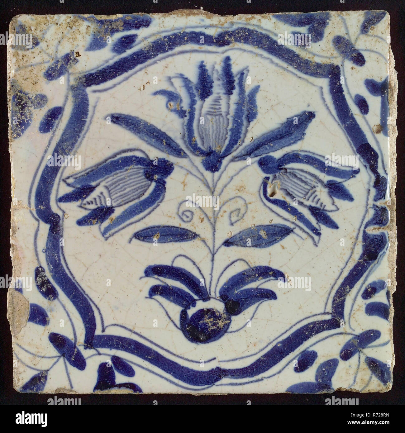 Tile, three-tier in braces in blue on white, corner motif, wing, wall ...