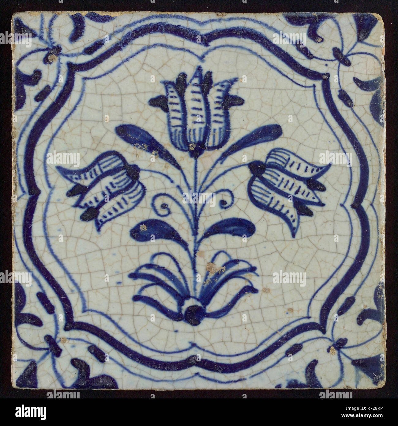 Tile, three-tier in braces in blue on white, corner motif, wing, wall ...