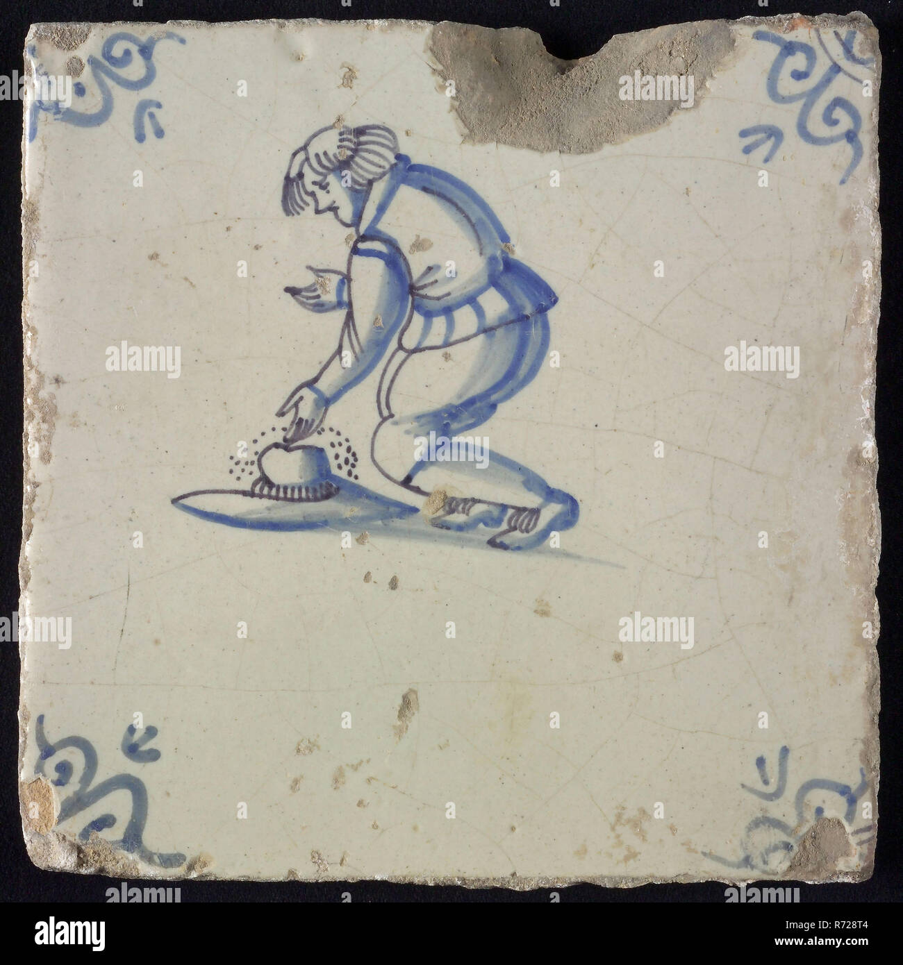 Scene tile, child's play, bowing with marbles, corner motif of ox's ...