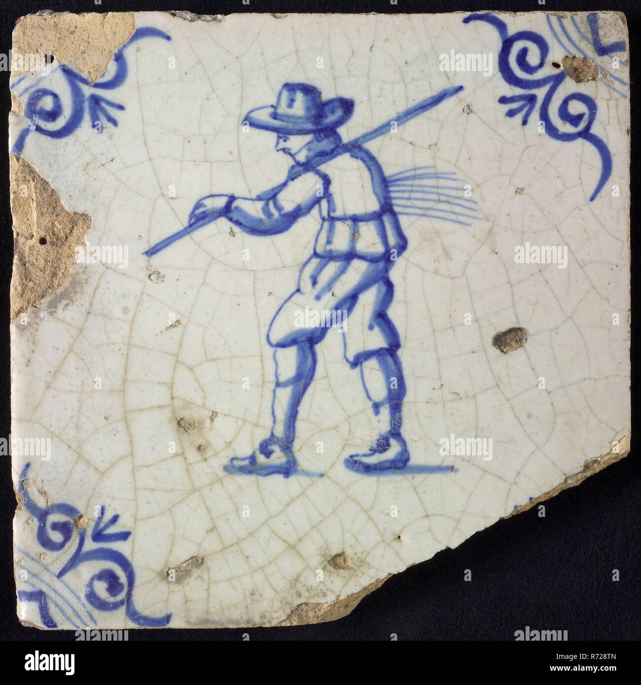 Figure tile, blue with farmer with stick and forest straw, corner motif ...