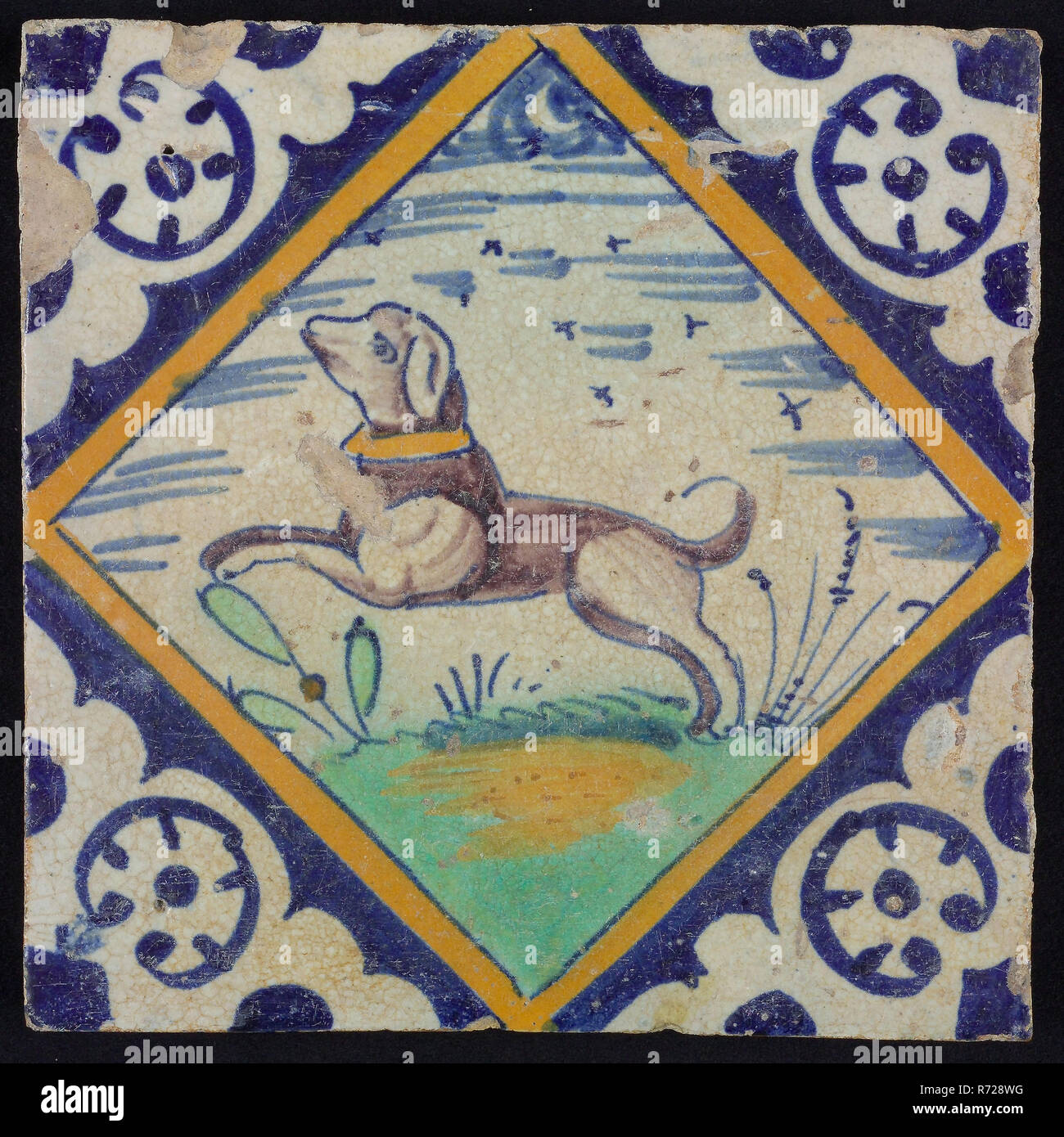 Animal tile, jumping dog on plot within square with palm corner in ...