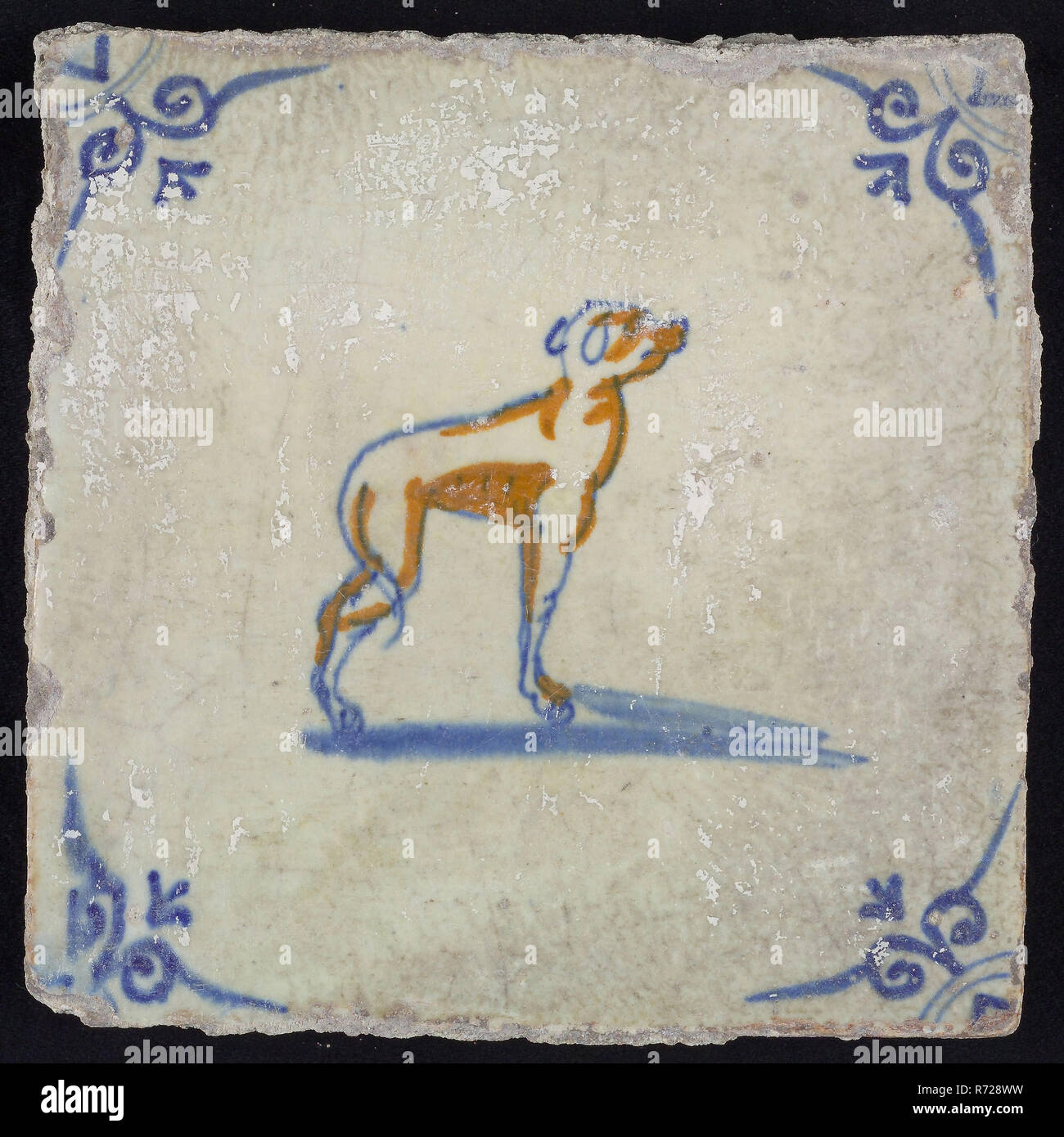Animal tile, greyhound to the right in blue and brown on white, corner ...