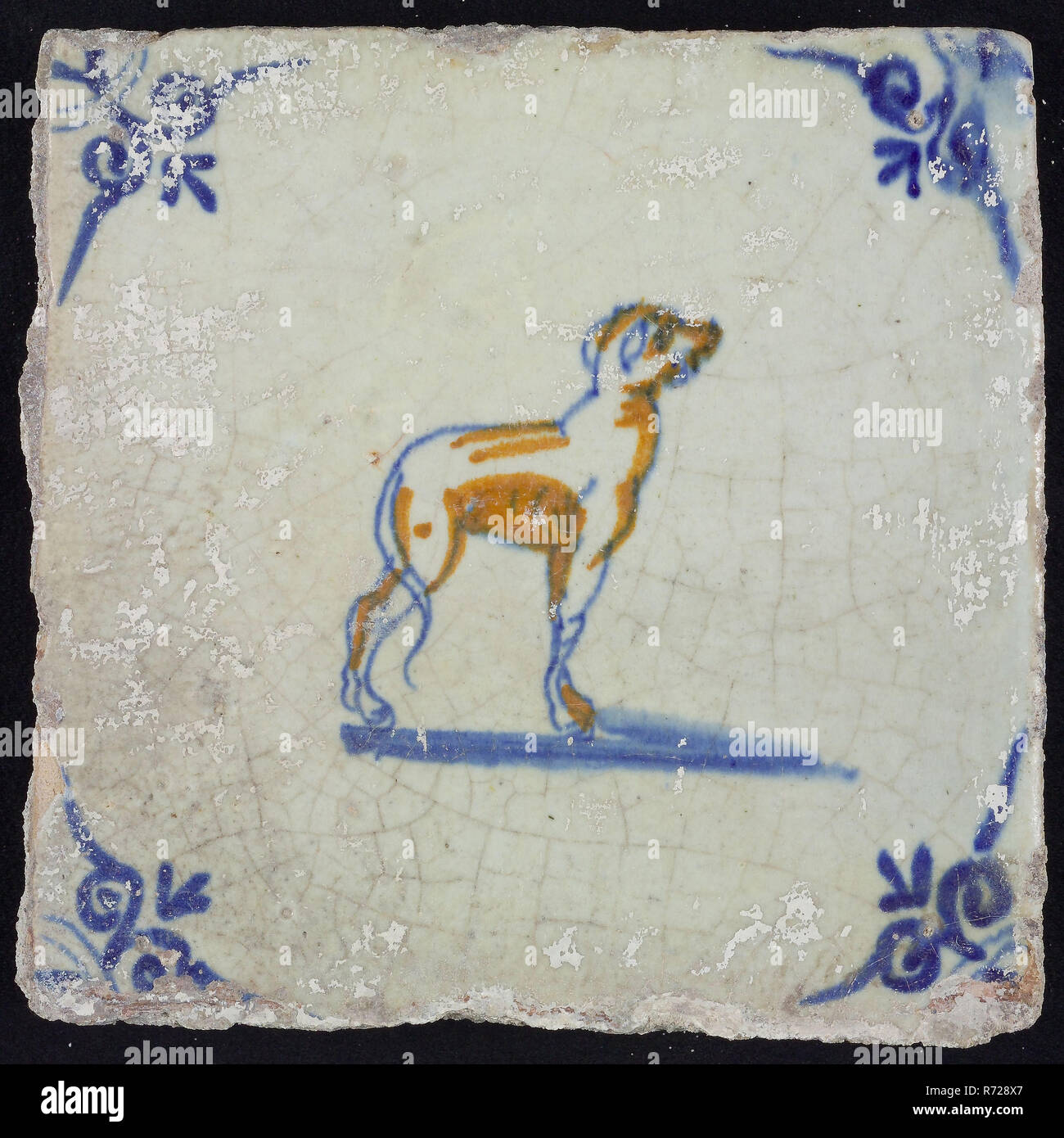 Animal tile, greyhound looking up to the right, in blue and brown on ...
