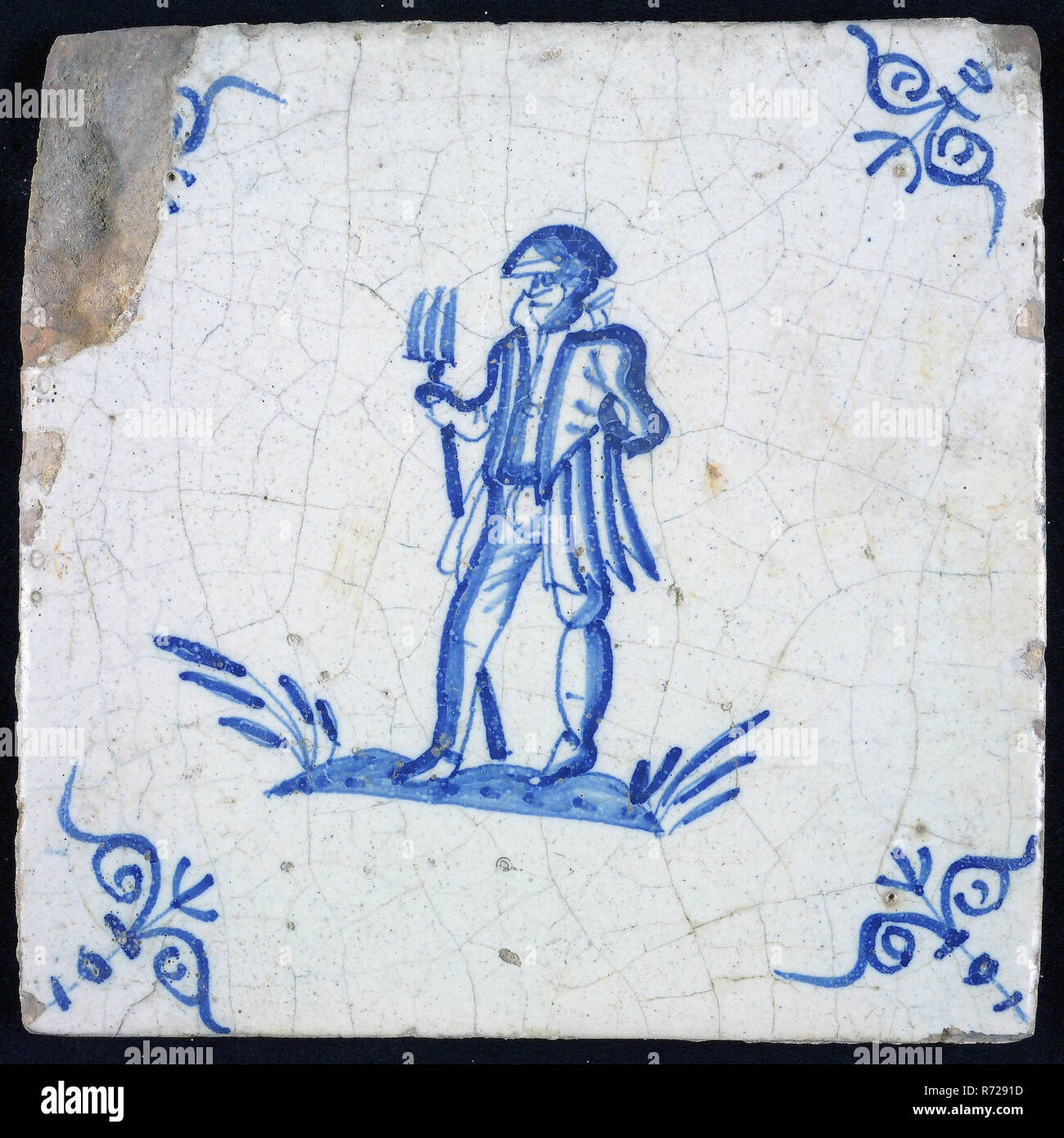 Figure tile, blue with soldier (warrior) with trident on ground, corner ...