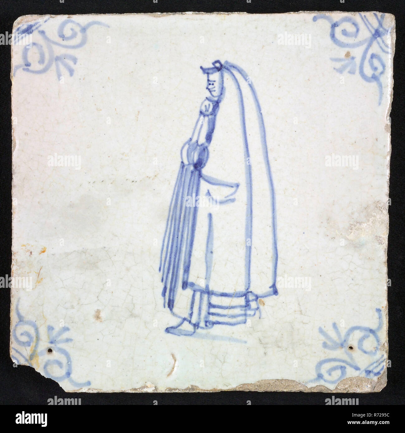 Figure tile, blue with civilian woman with hood, cloak that reaches ...