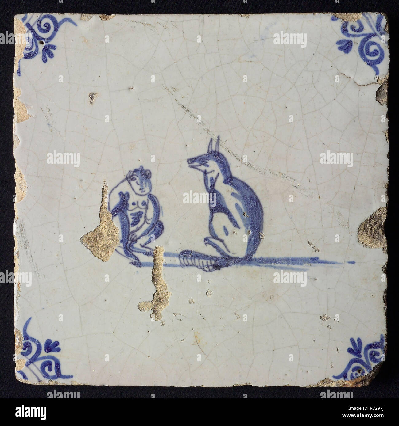 Animal tile, sitting monkey and dog looking at each other, in blue on ...
