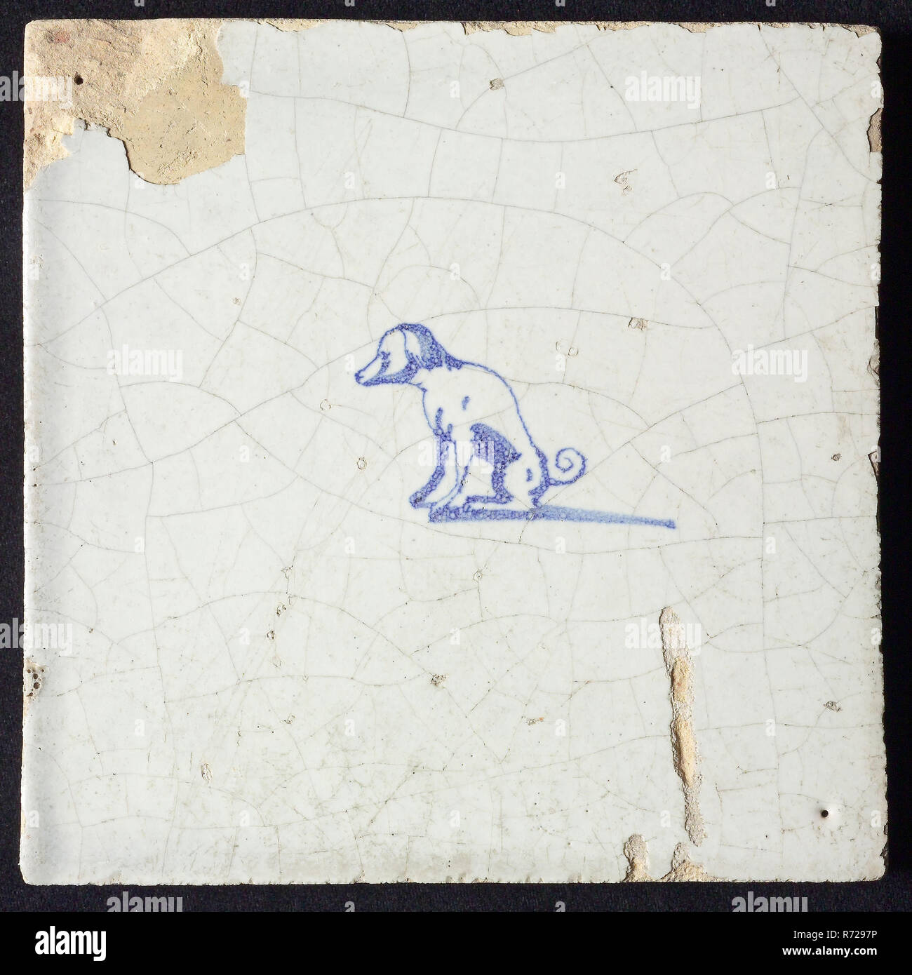 Animal tile, sitting dog to the left, in blue on white, without corner ...